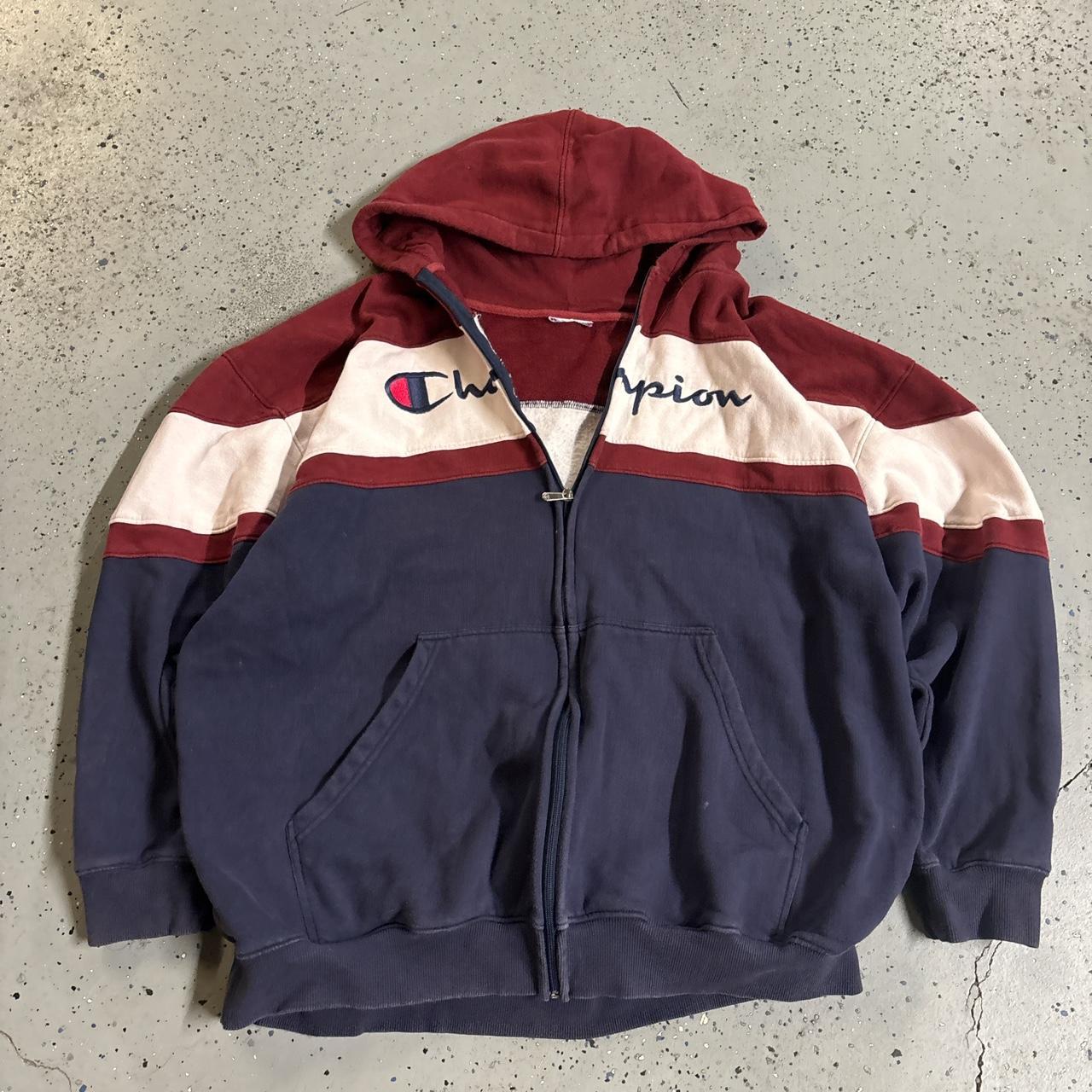 Champion zip up hoodie in red and navy, featuring a... | Depop