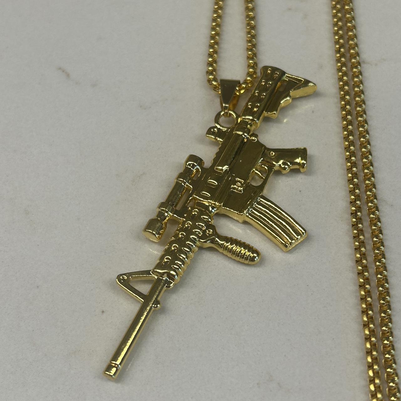 Men’s y2k Gold Gun Pendant Chain Size:... - Depop