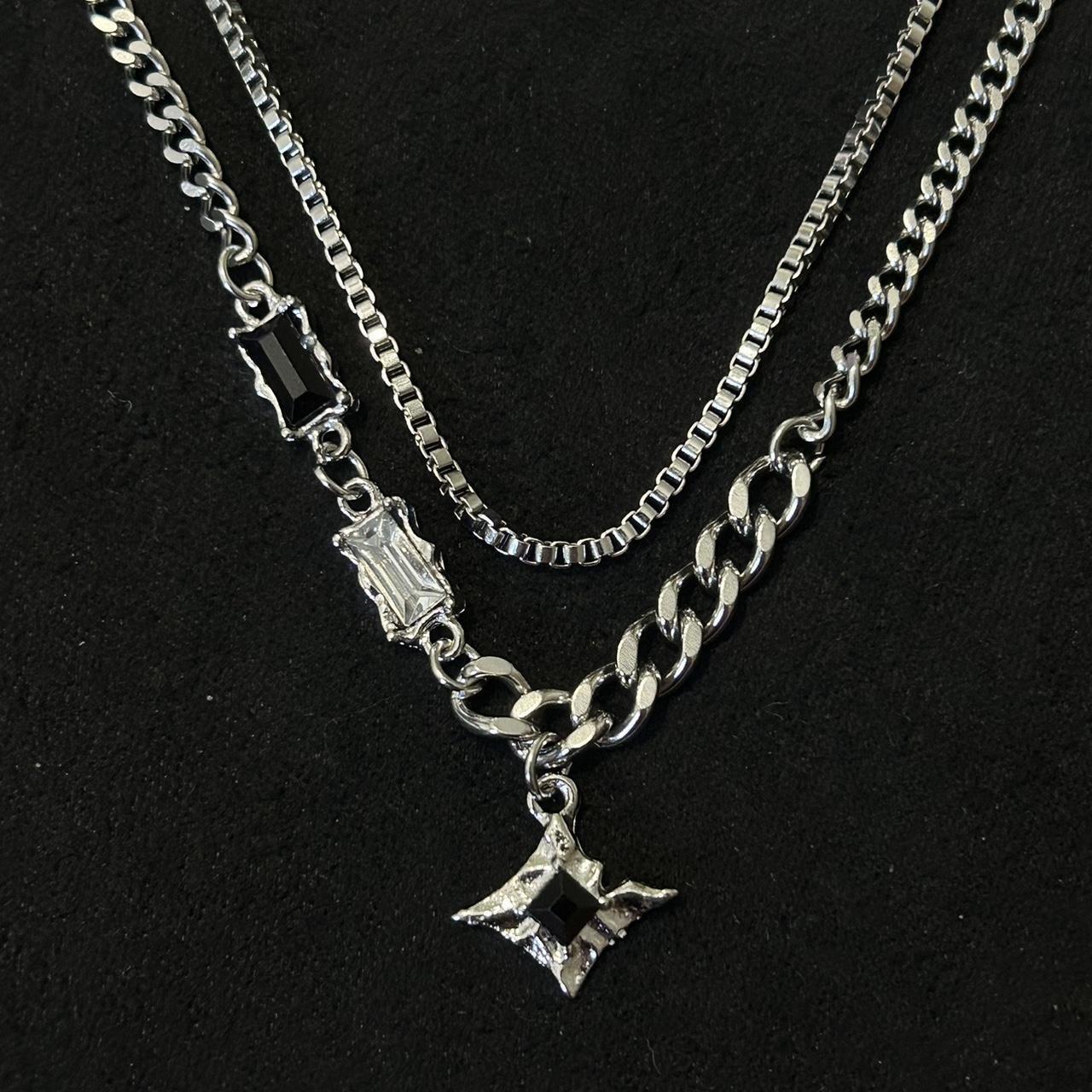 Silver Y2K Diamond and Star with Black Stone Pendant... - Depop