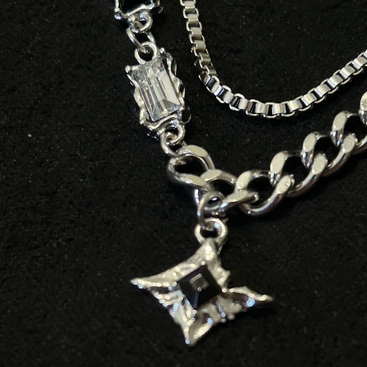 Silver Y2K Diamond and Star with Black Stone Pendant... - Depop