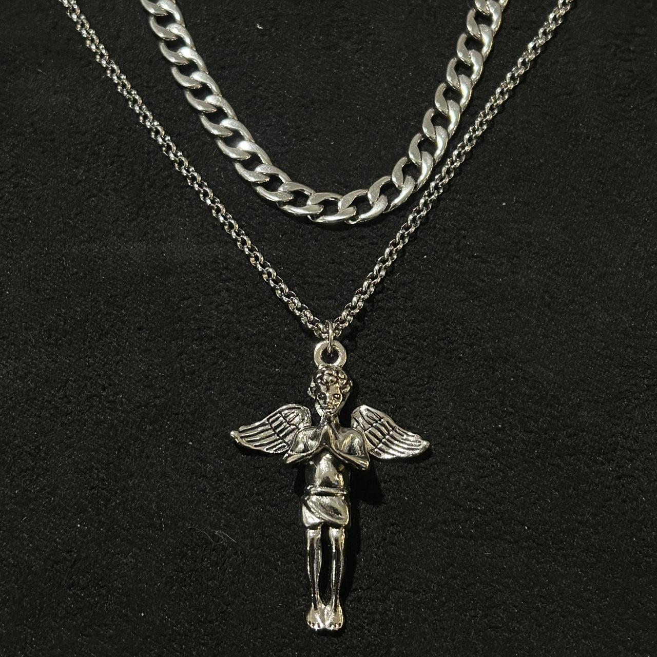 Silver Y2K Angel Cupid pendant double link Chain... - Depop