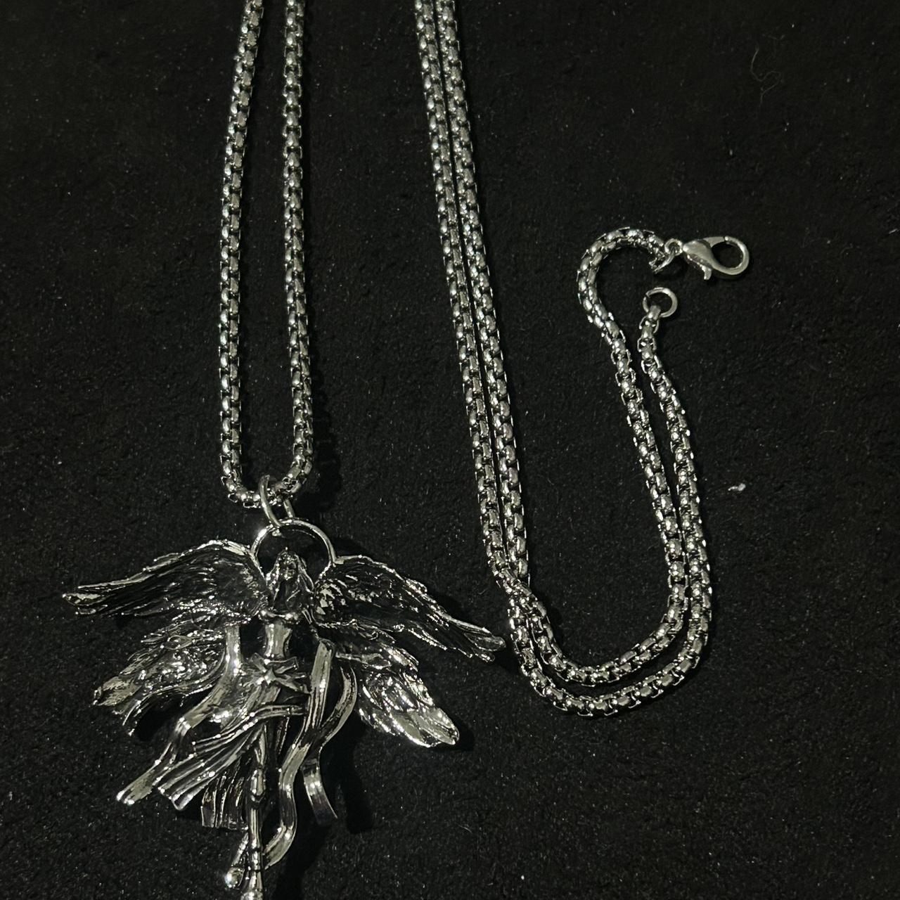 Silver Four Winged Angel Pendant Chain Link... - Depop