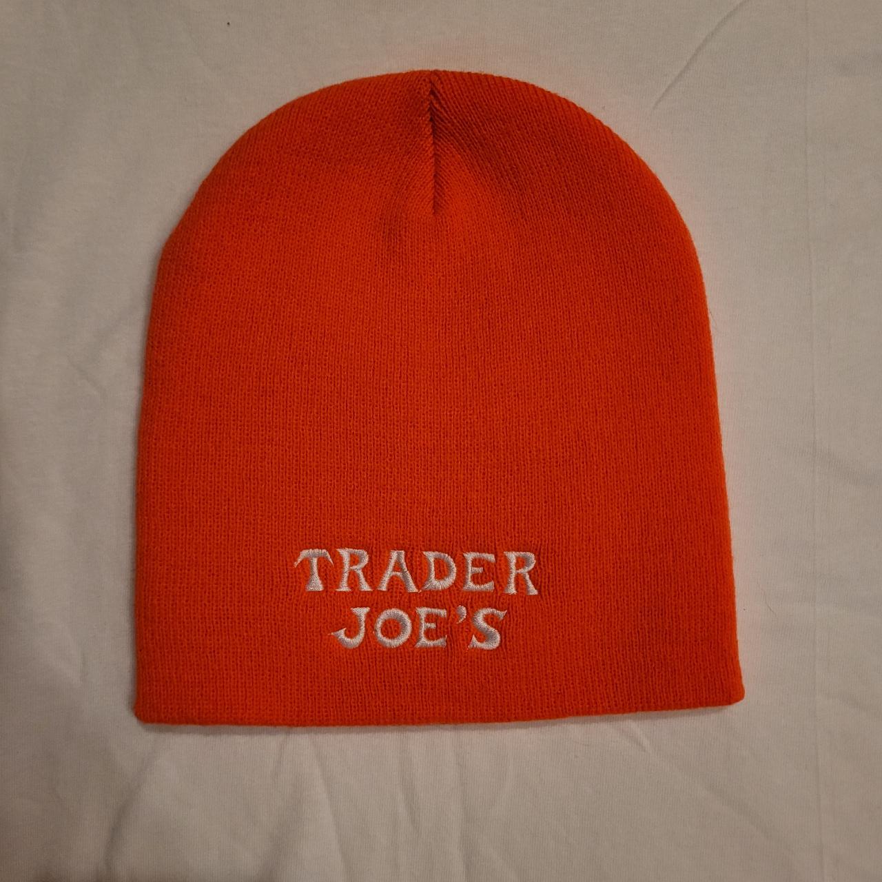 Orange Trader Joe's Beanie with White Logo - Depop