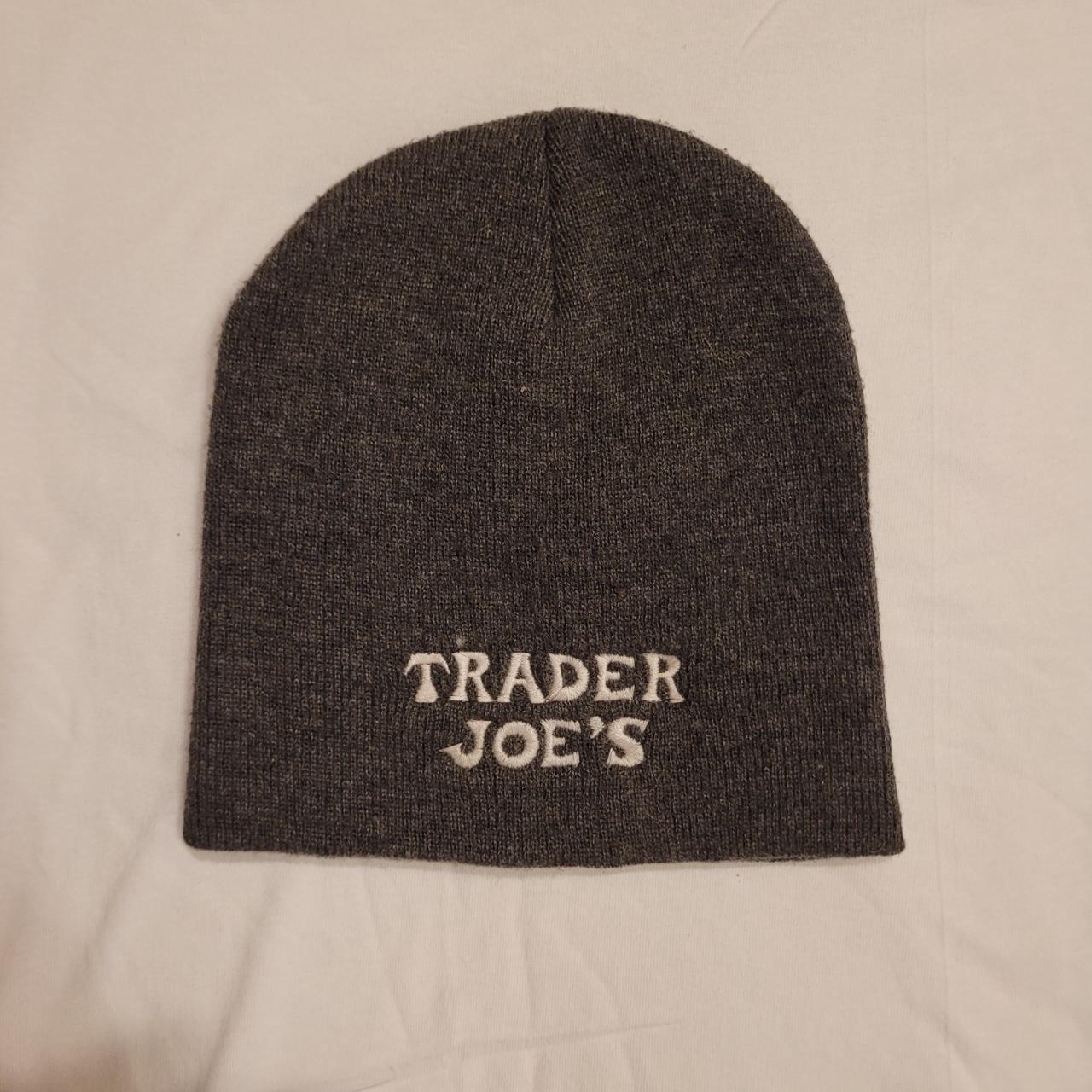 Grey Trader Joe's Beanie with White Logo - Depop