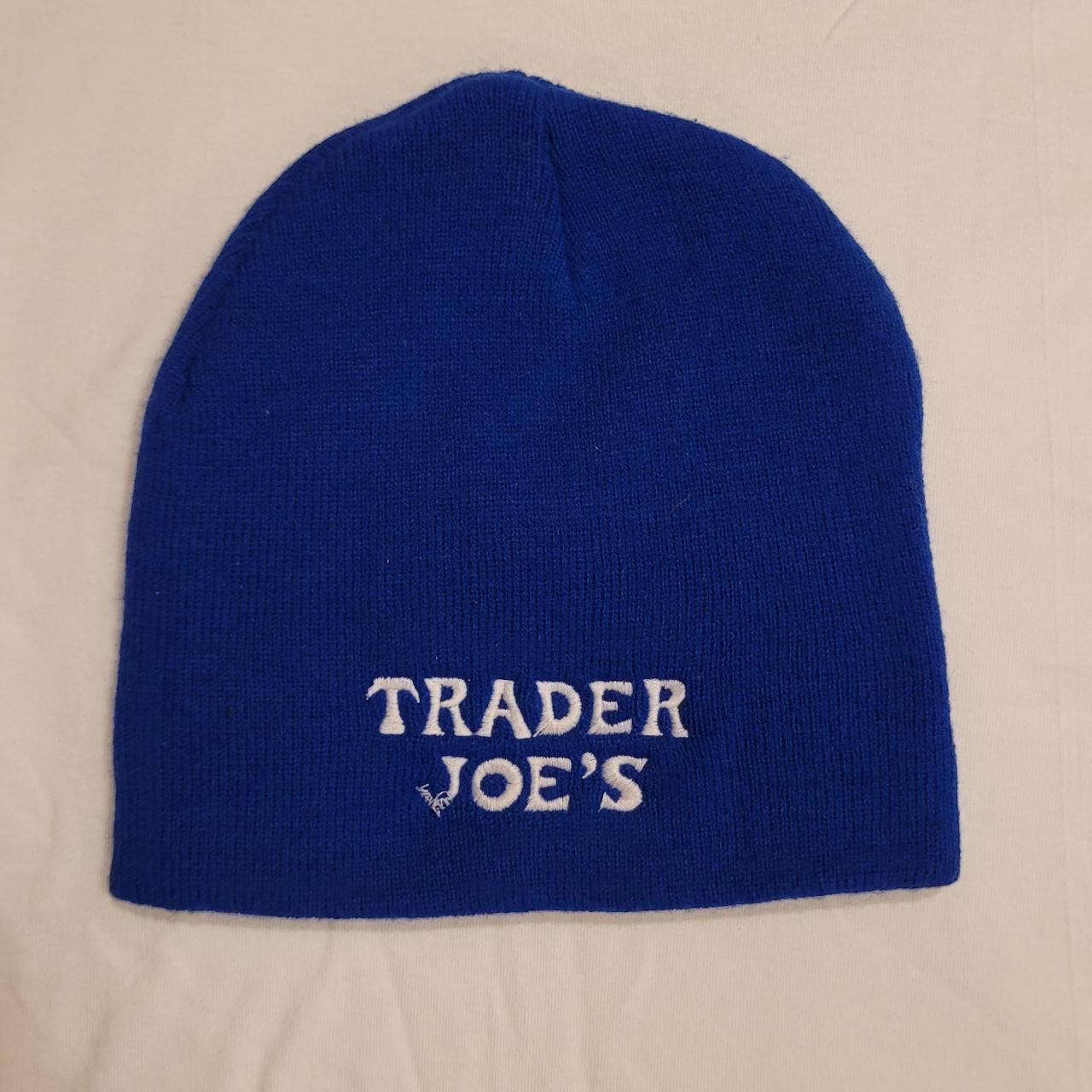 Dark Blue Trader Joe's Beanie with White Logo - Depop
