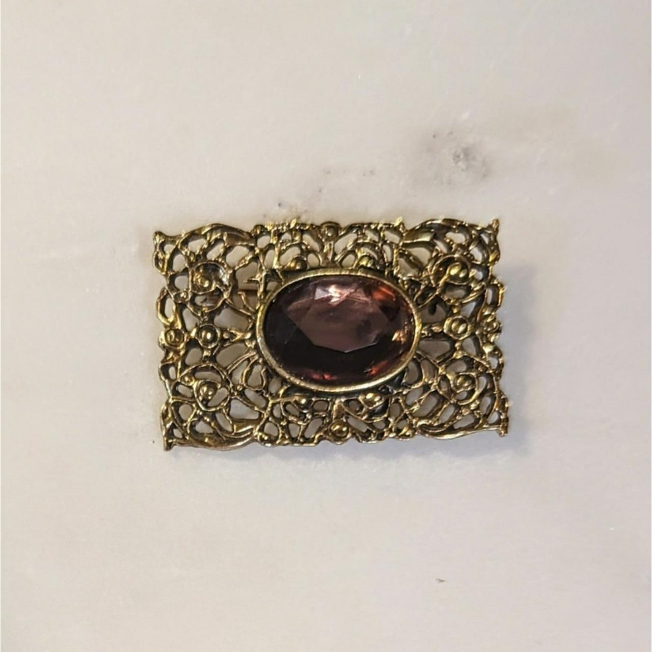 Vintage rectangular gold tone brooch / pin. Gold... - Depop