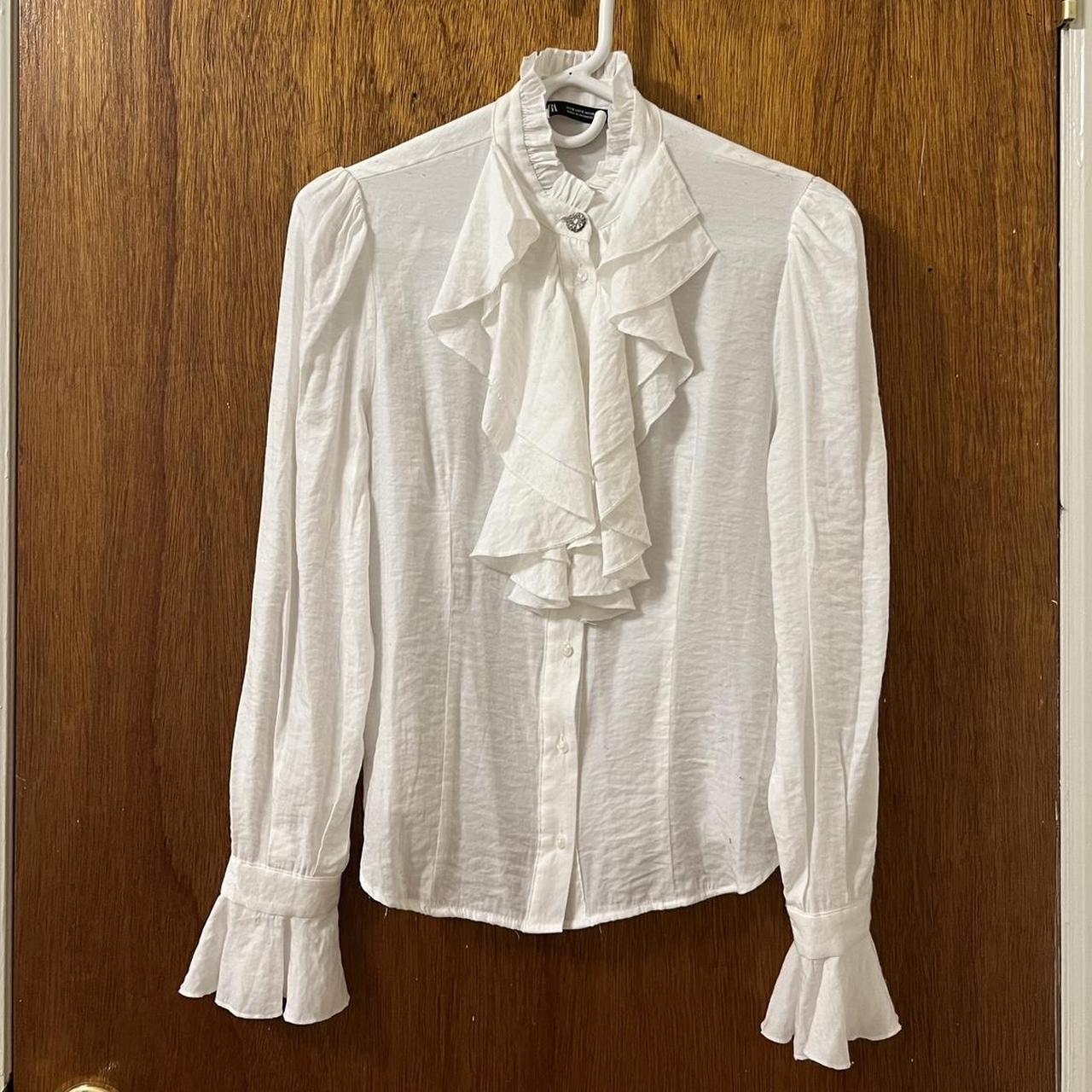 Zara Ruffled White Button Down Blouse - Small - Depop