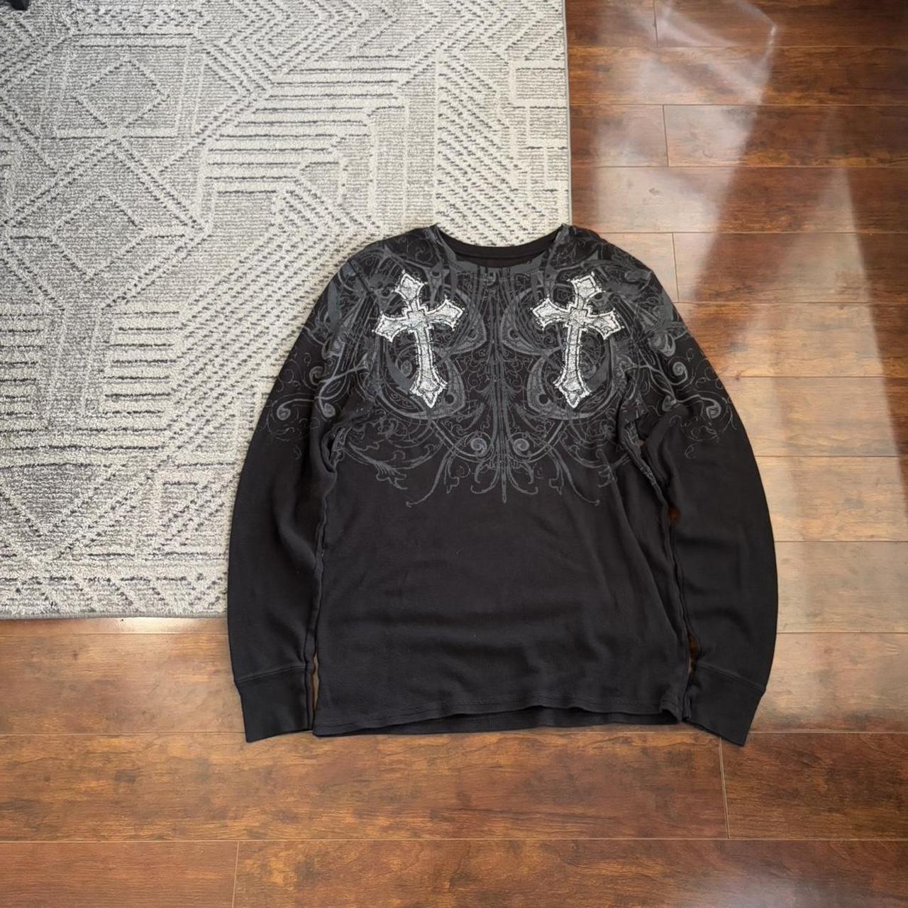 Y2K Affliction Emo Grunge Cross and Wings Graphic... | Depop