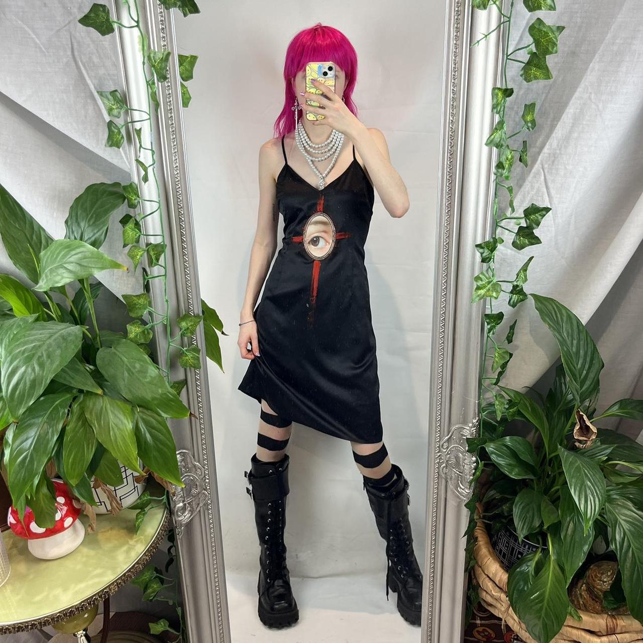 Grunge nineties black satin mini gothic slip dress... - Depop