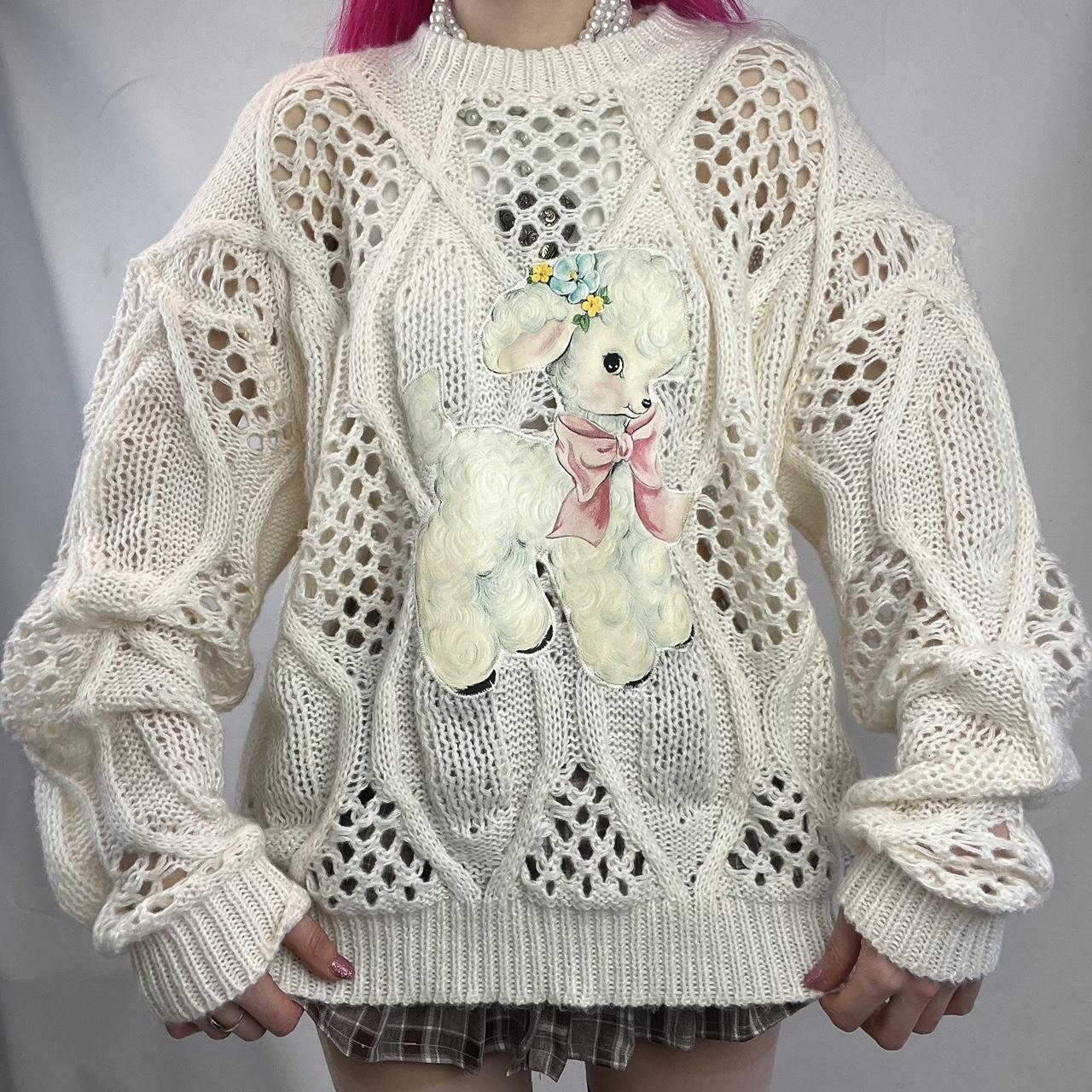 Cream knitted patchwork graphic jumper sweater with... - Depop