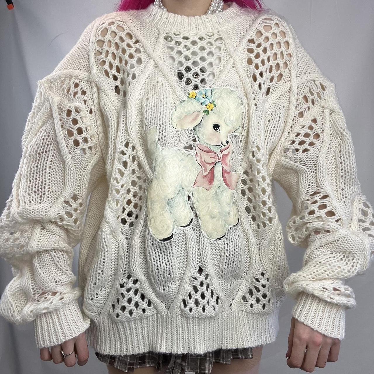 Cream knitted patchwork graphic jumper sweater with... - Depop
