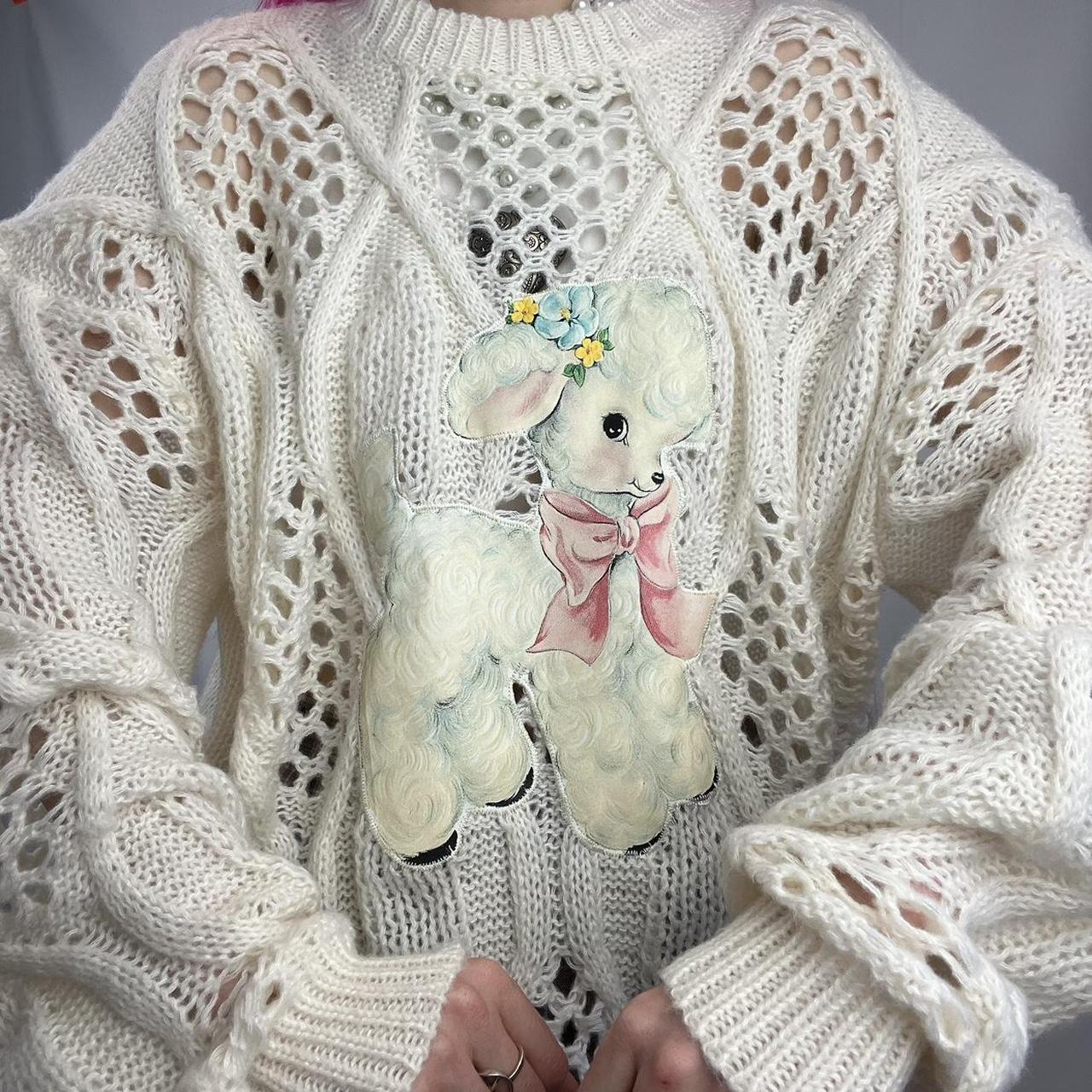 Cream knitted patchwork graphic jumper sweater with... - Depop