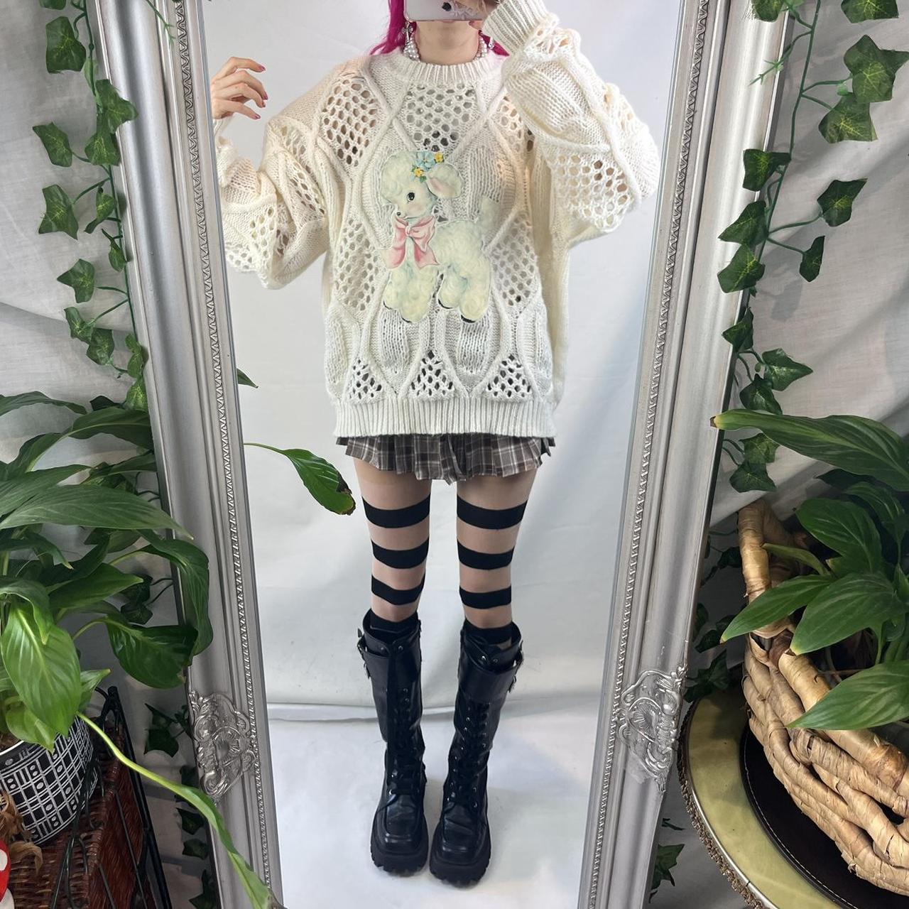 Cream knitted patchwork graphic jumper sweater with... - Depop