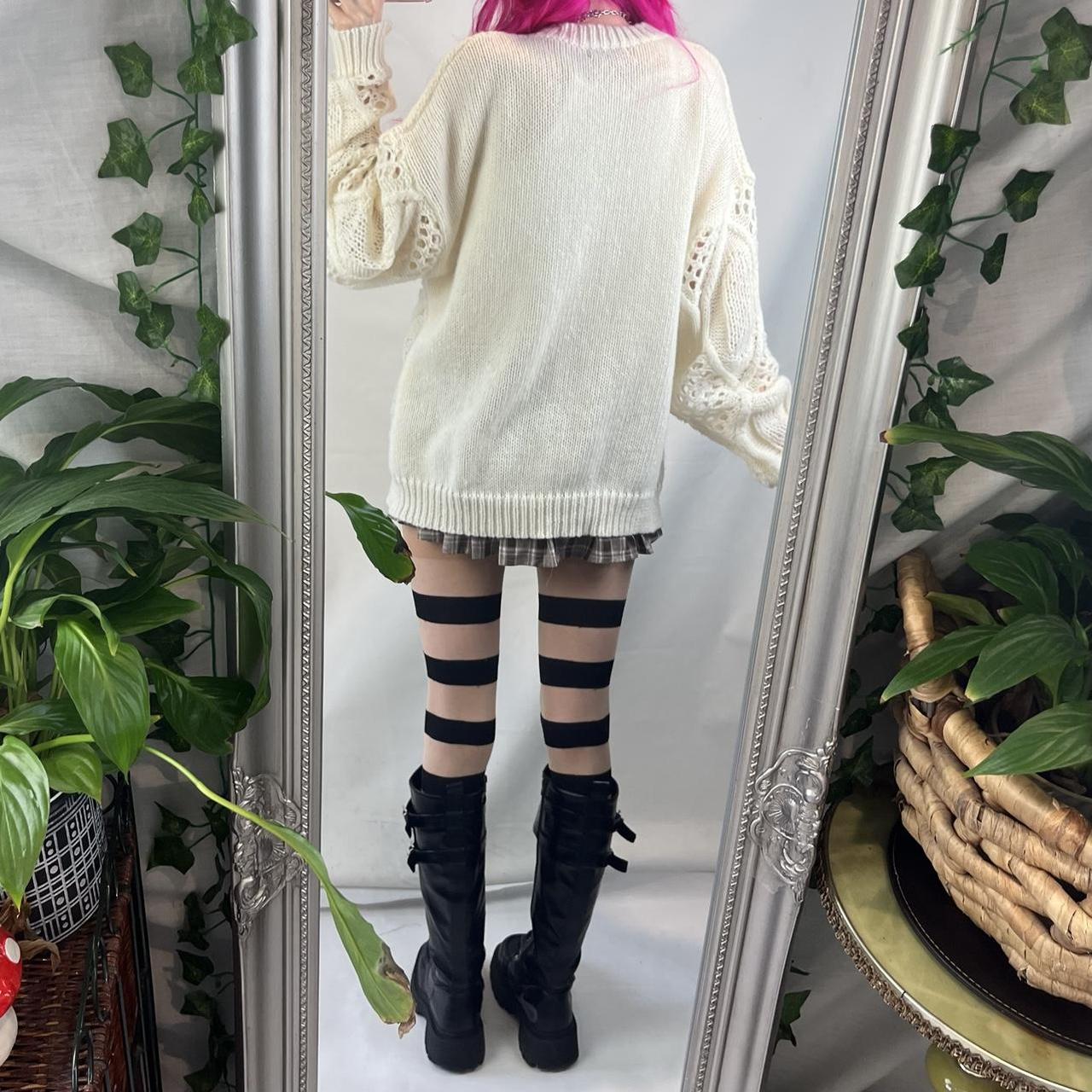 Cream knitted patchwork graphic jumper sweater with... - Depop