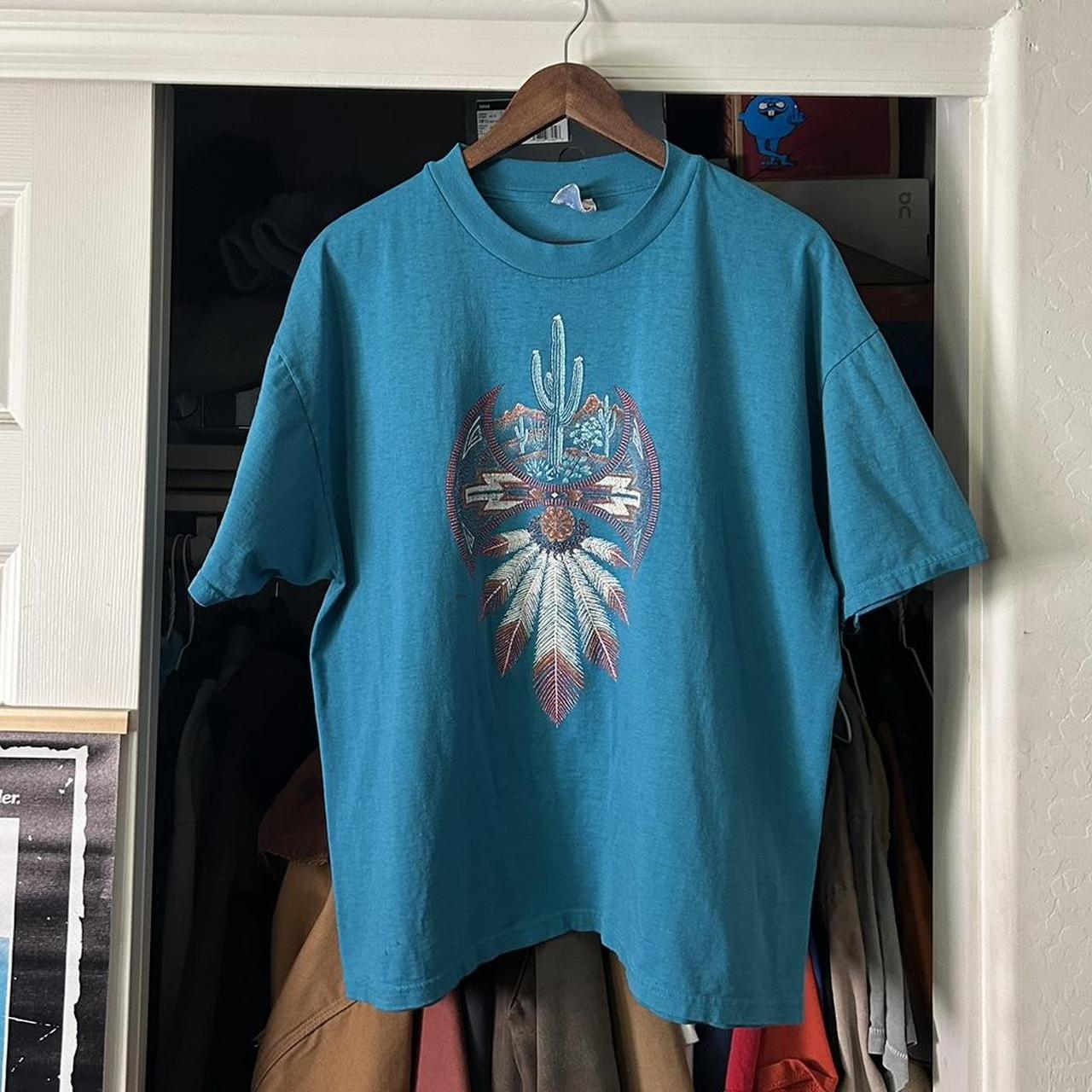 Native American Teal and Multicolored graphic 90s... | Depop