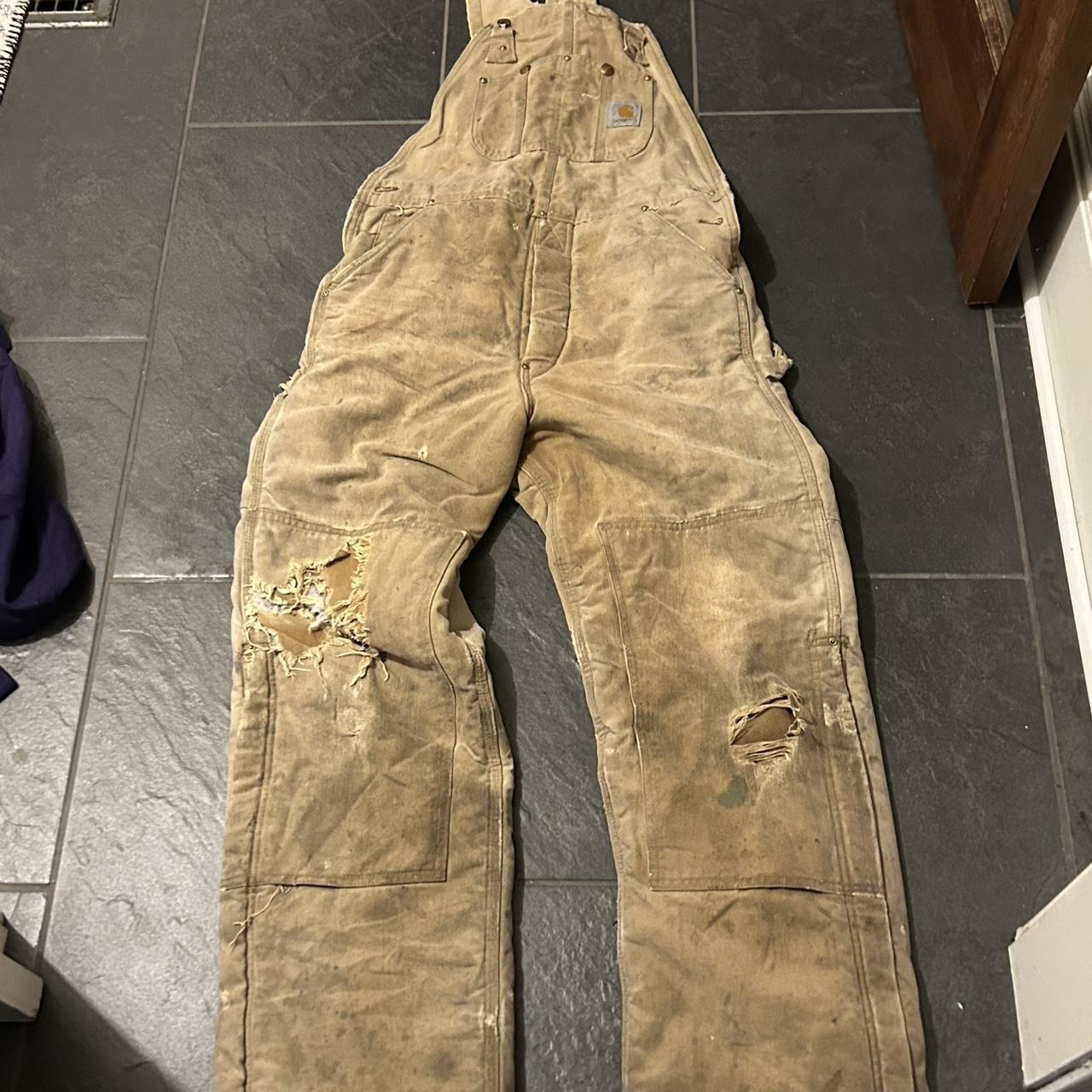 Carhartt tan and cream double knee overalls Vintage... - Depop
