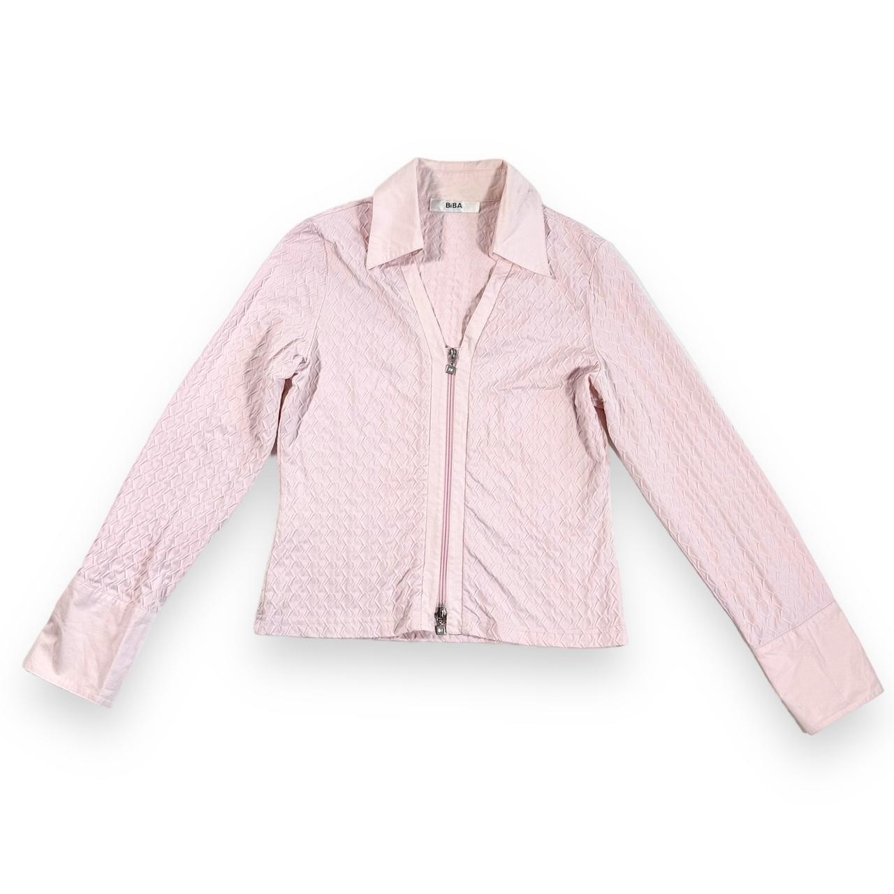 00s baby pink textured shirt with double zip • label... - Depop