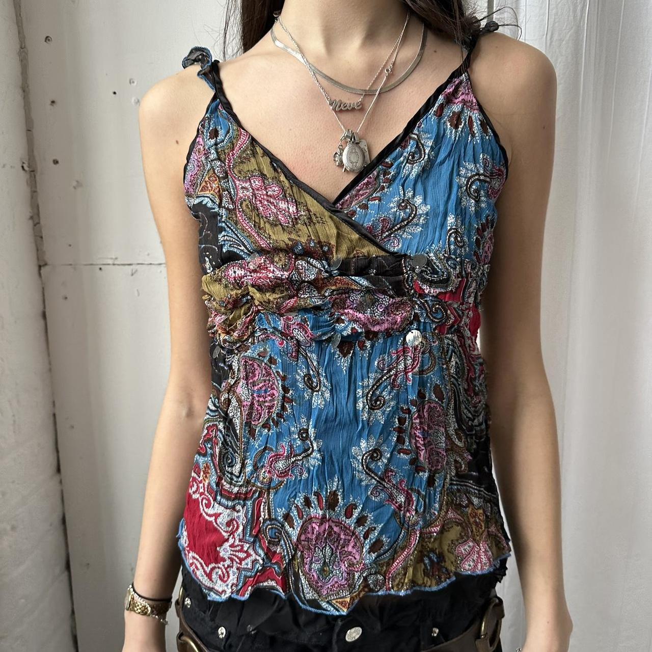 boho grunge crepe mesh overlay floaty cami top with... - Depop