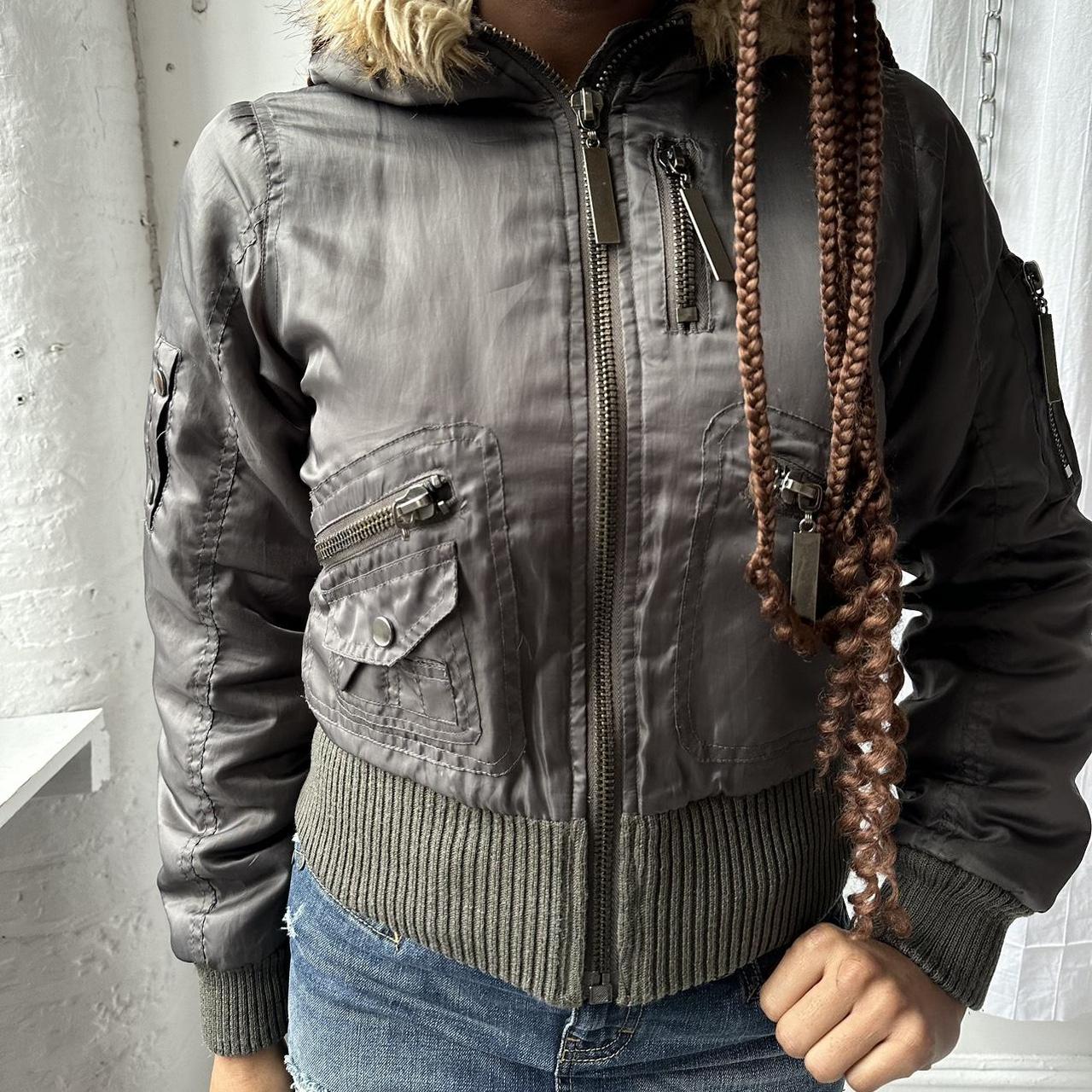 y2k bomber jacket with faux fur trim hood lined with... - Depop