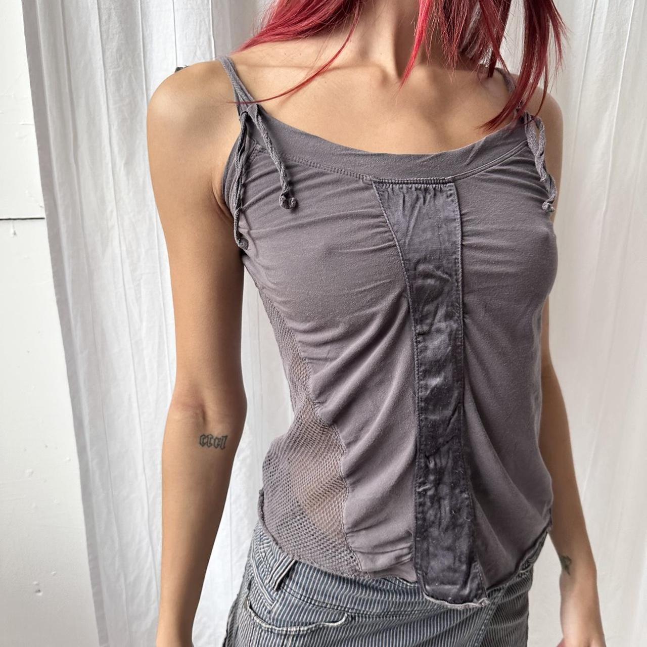 y2k grunge cami top, fishnet and satin panels,... - Depop