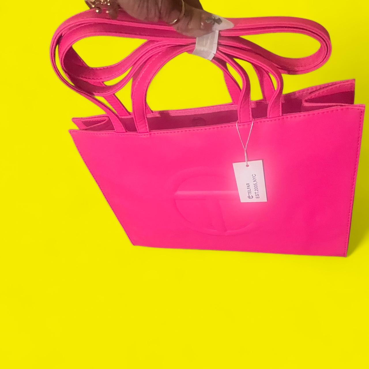 Hot pink leather teflar tote bag with silver... | Depop