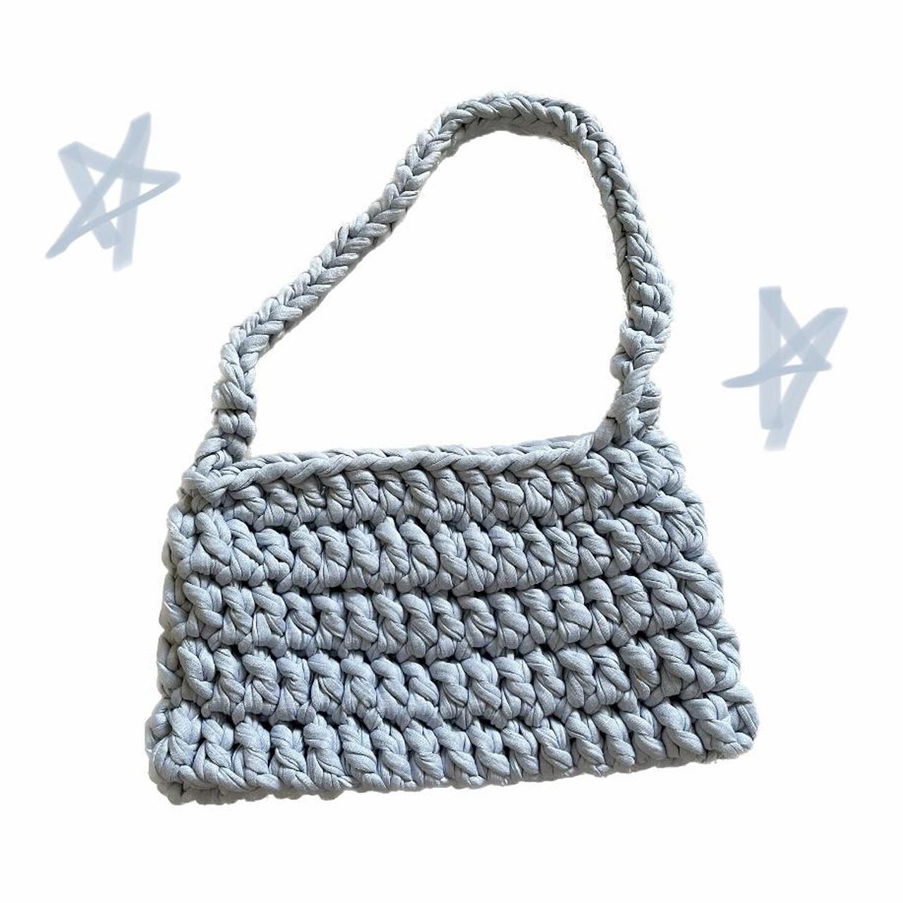 Pale Blue Handmade Crochet Bag Made With T-Shirt... - Depop