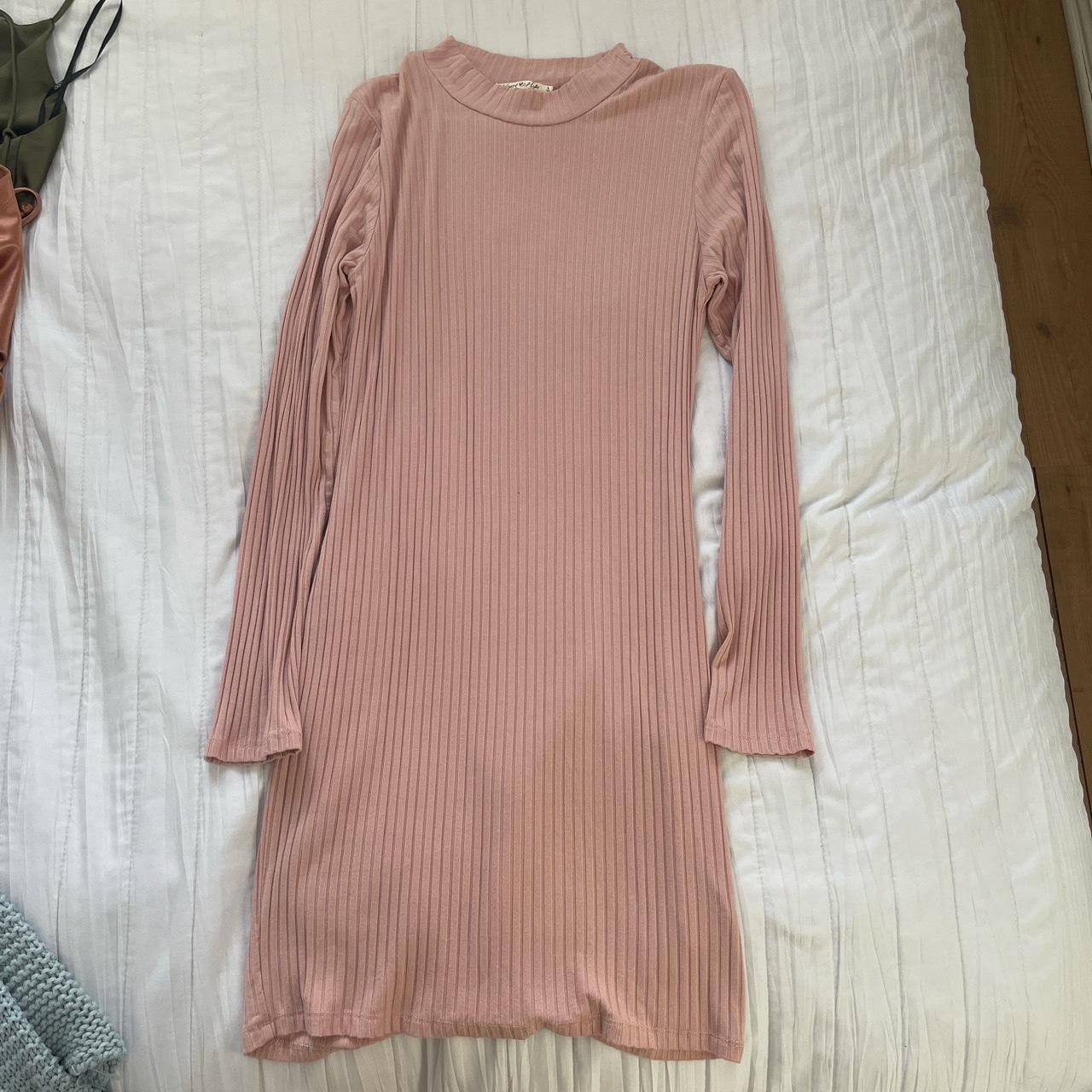 Pink ribbed long sleeve dress in size L but fits a... - Depop