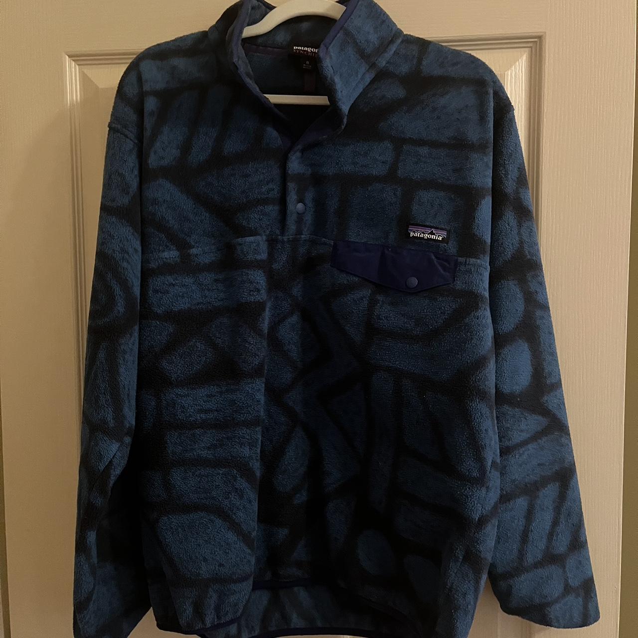 Patagonia, navy patterned fleece full over with... - Depop