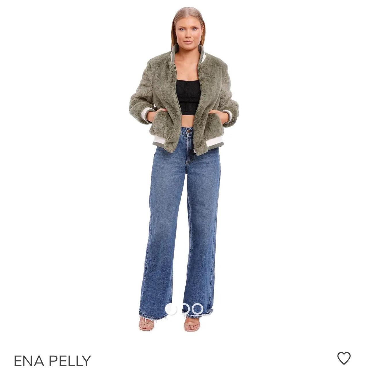 Ena Pelly Faux Fur Bomber Jacket Green Moss sz8... - Depop