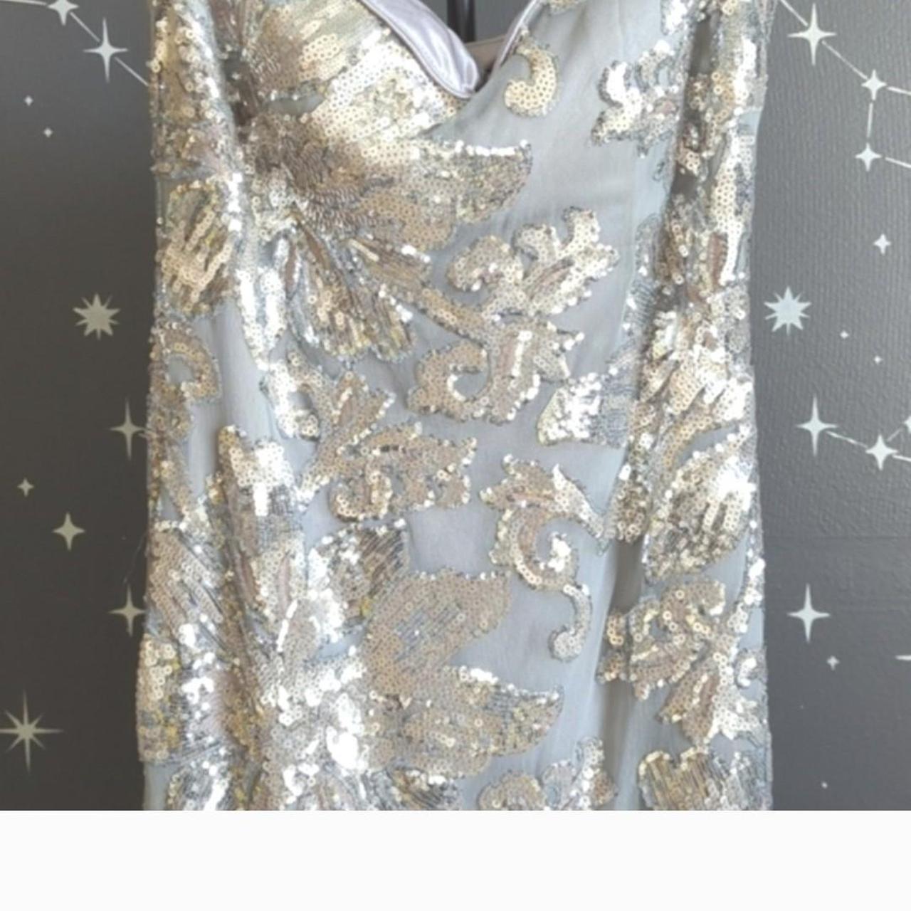 Marina silver sequin strapless gown with slit--prom... - Depop