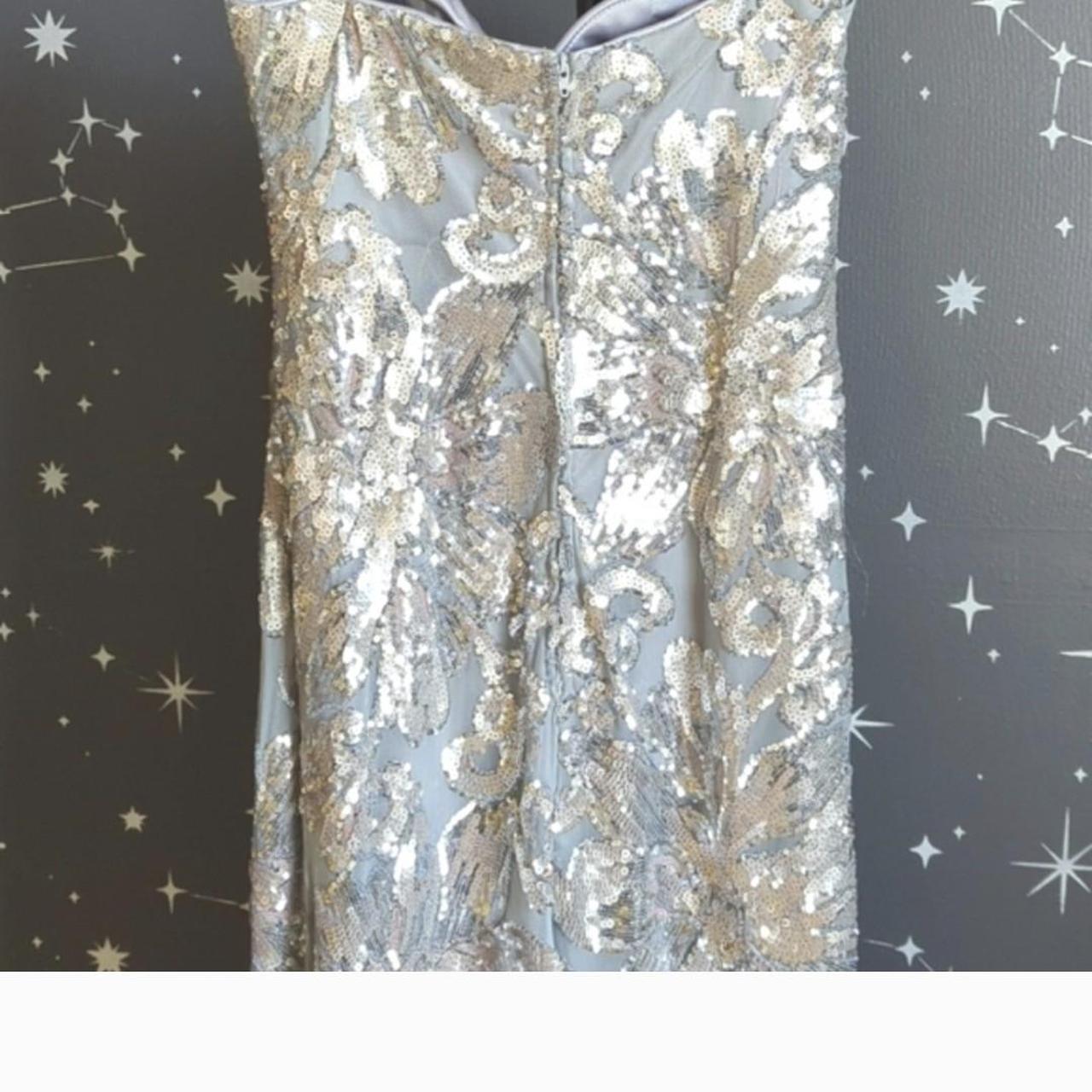 Marina silver sequin strapless gown with slit--prom... - Depop