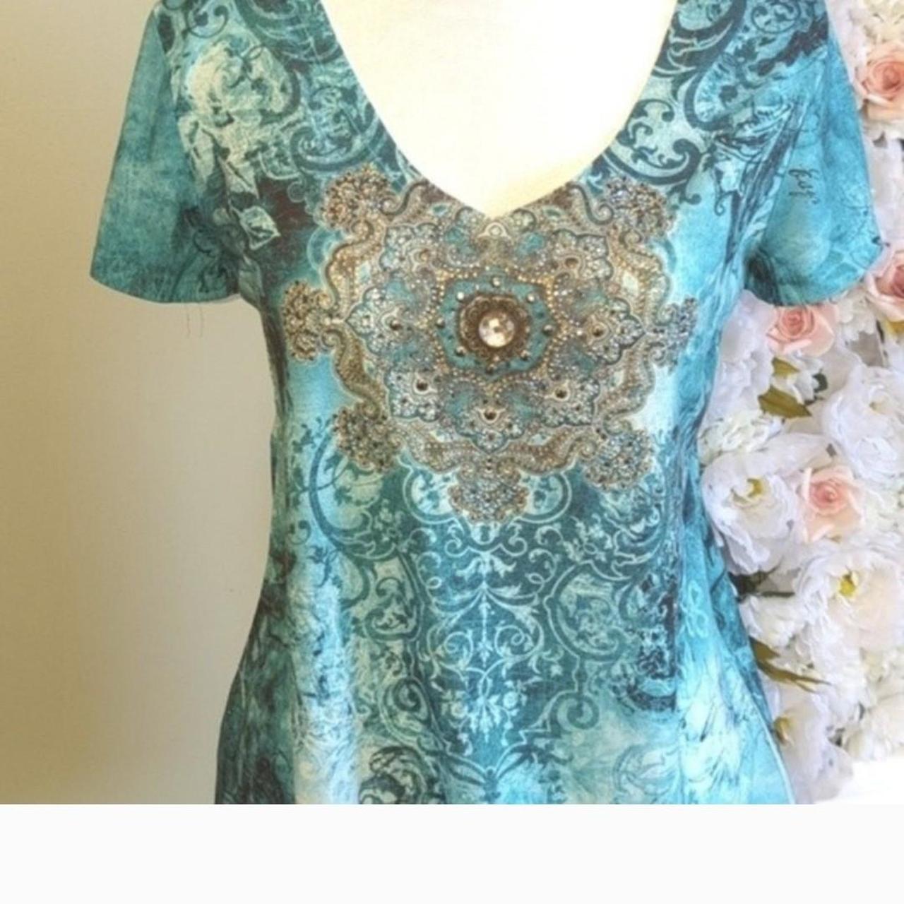 Dress Barn Embellished Medallion Rhinestone Teal... - Depop