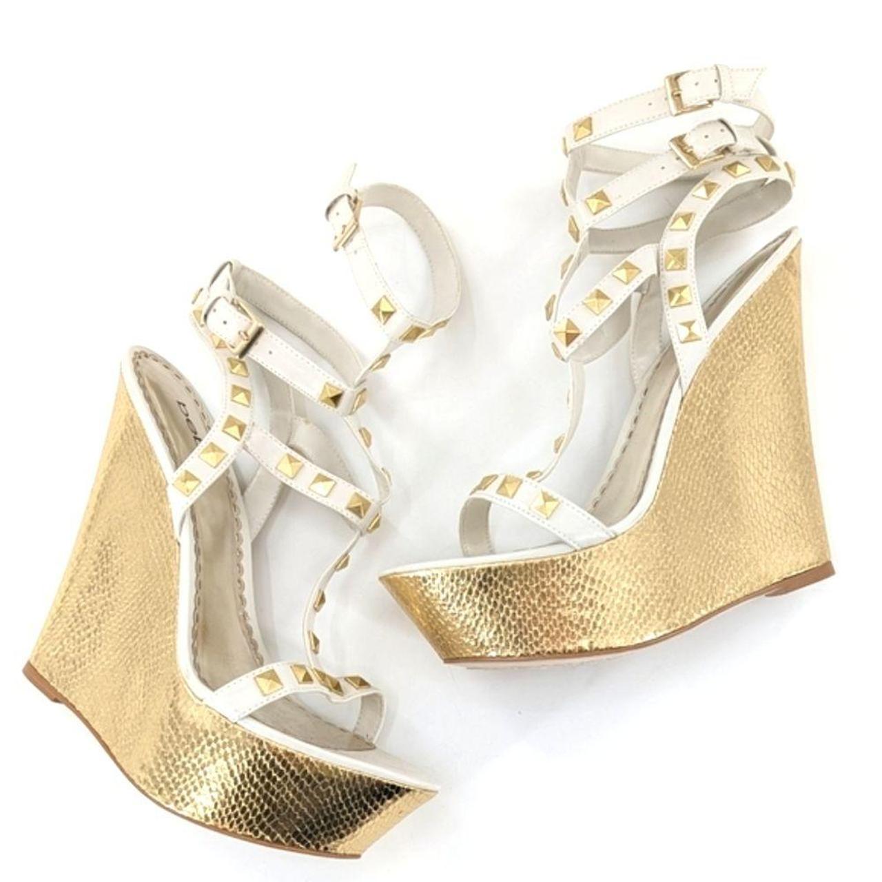 Bebe Gold White Stud Ankle Strap Wedge Platform Heel... - Depop
