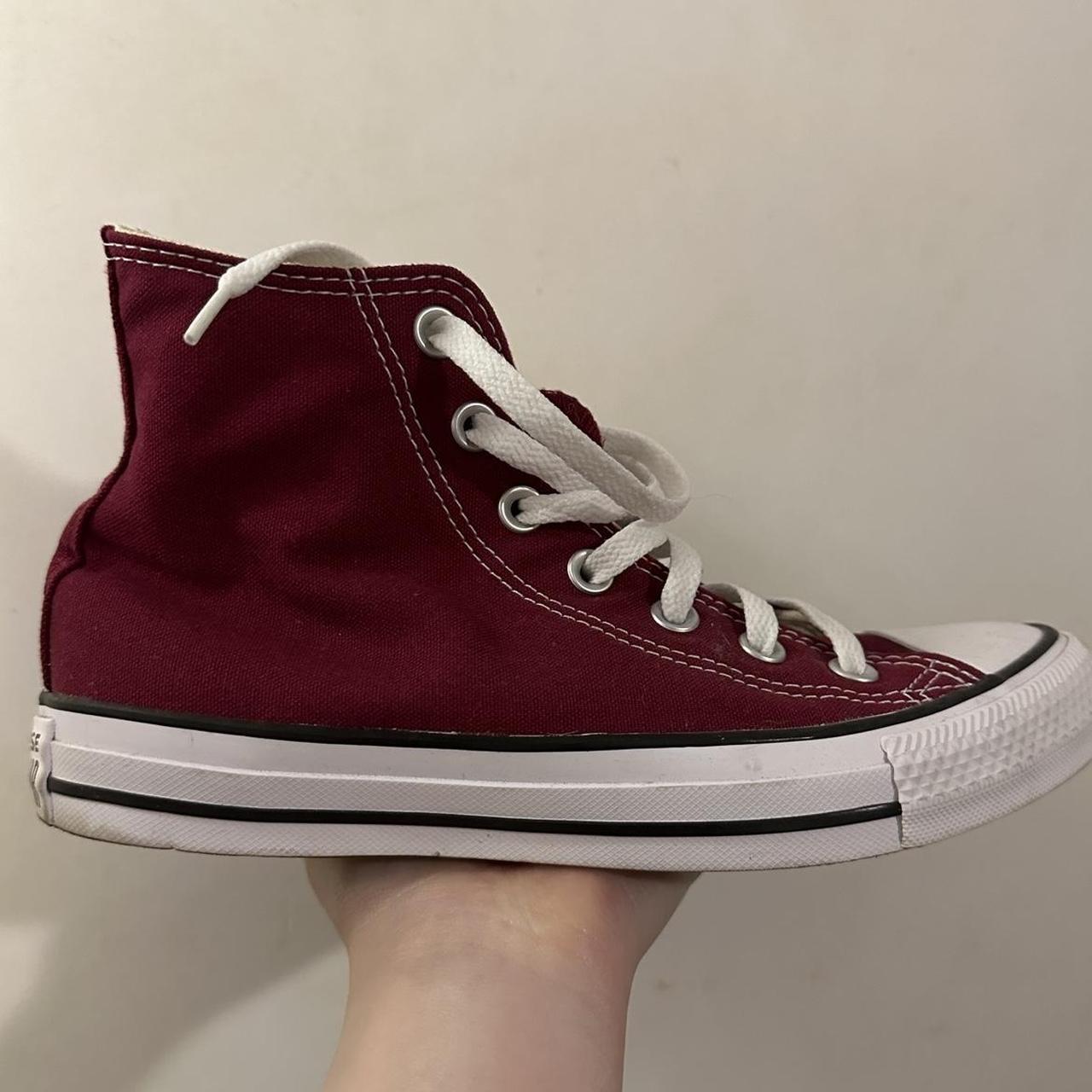 burgandy/maroon converse hi top sneakers womens size... - Depop