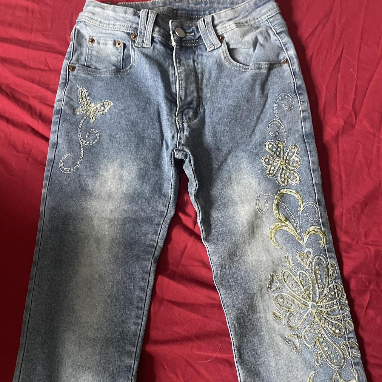 Rhinestone flare jeans -worn only... - Depop