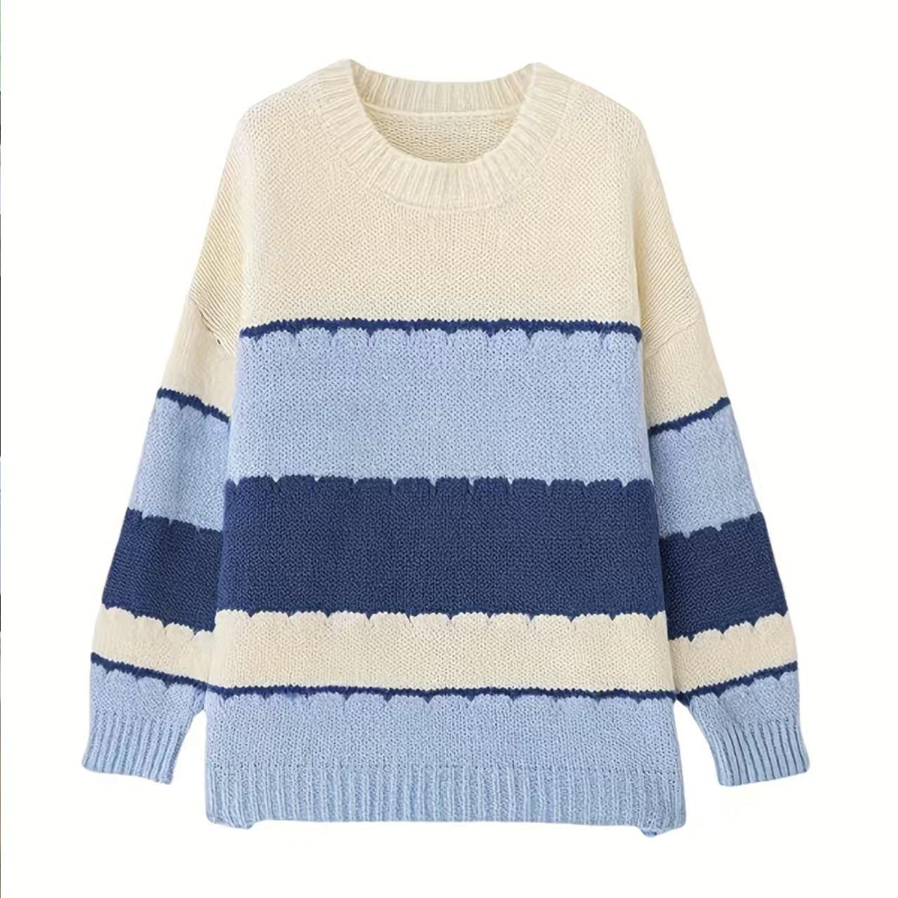 Color Block Crew Neck Pullover Sweater, Casual Long... - Depop