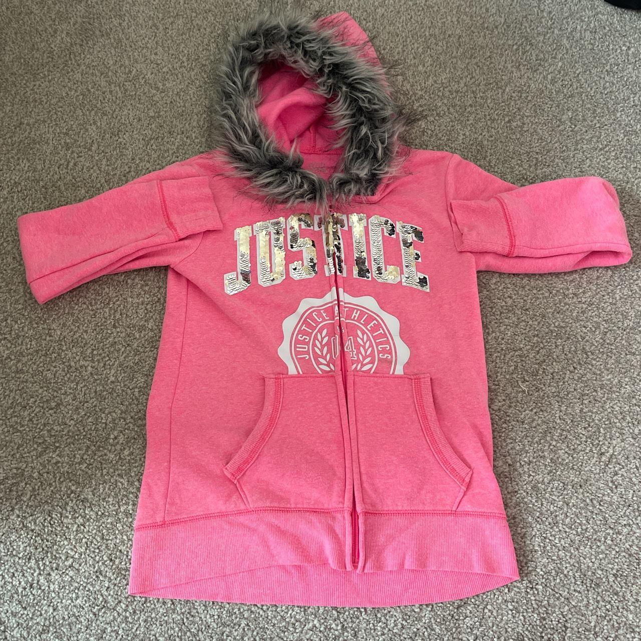 Hot pink justice zip up hoodie with gold and silver... - Depop