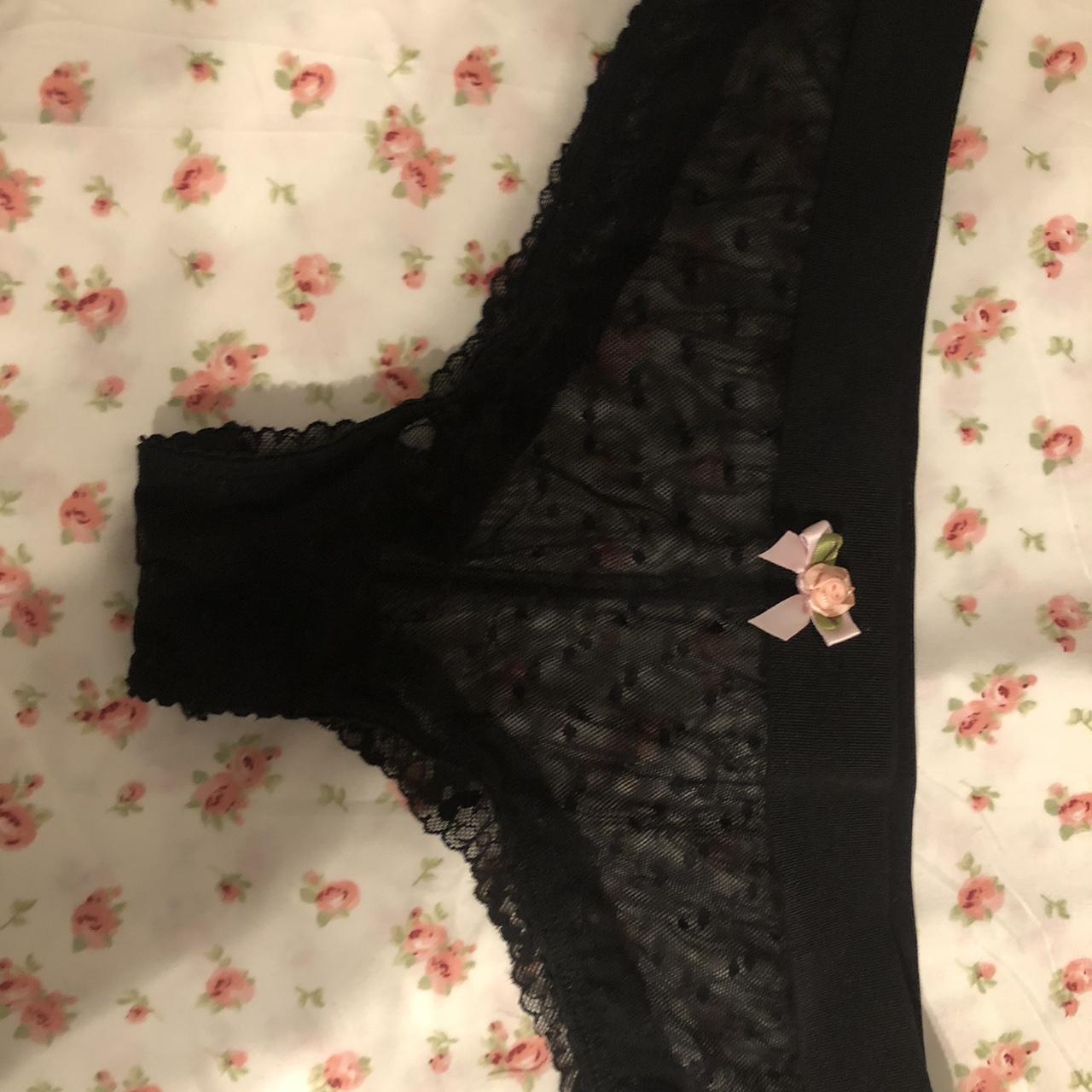 Victoria’s Secret Black lace cheeky with pink bow... | Depop