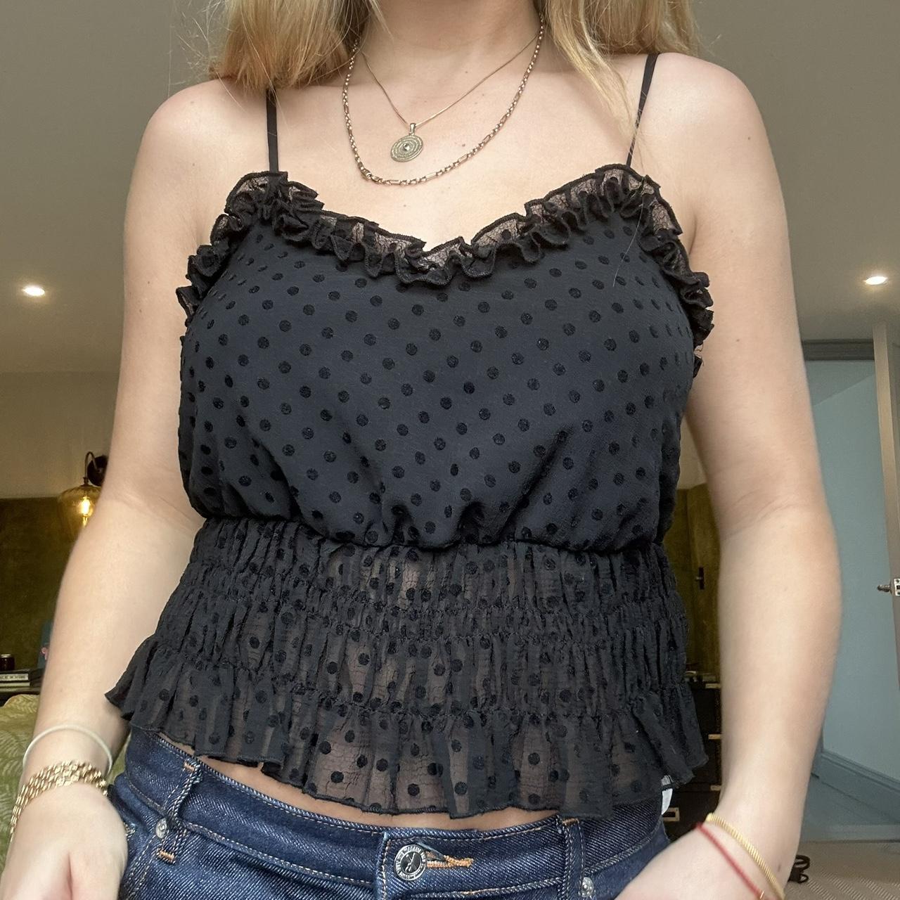 Black spotty spaghetti strap ruched frilly cinched... - Depop