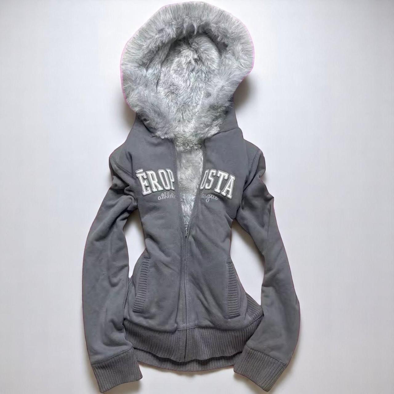 Y2K "europosta" streetwear fur hooded zip up womens... | Depop