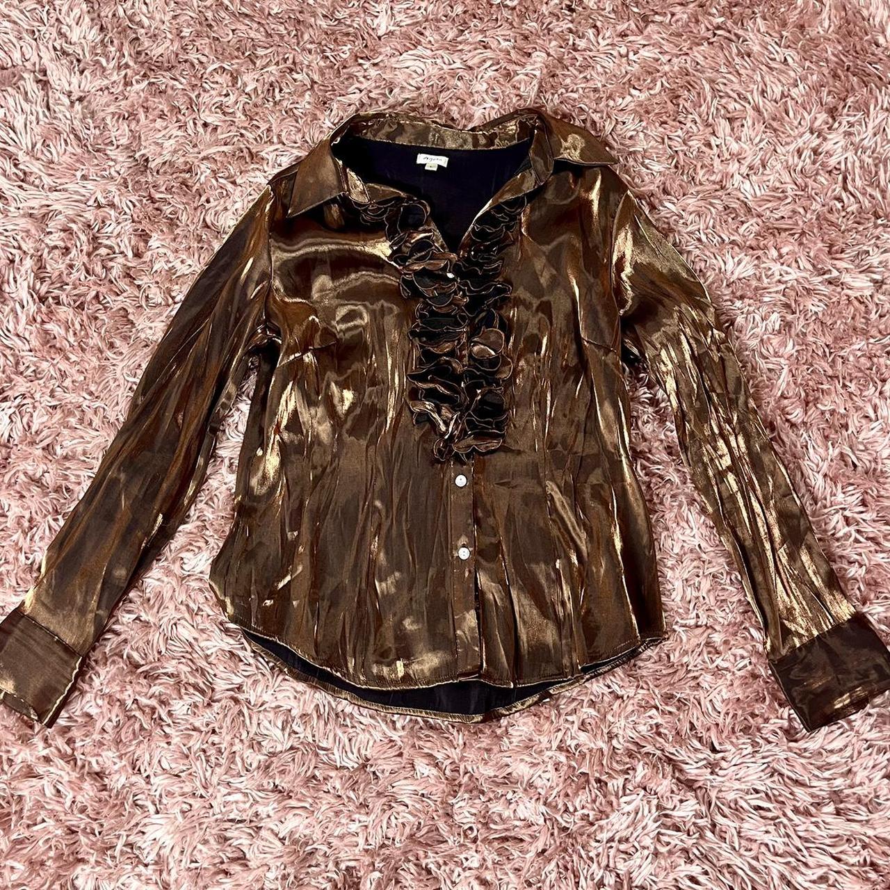 ⭐️y2k shiny gold ruffle shirt⭐️ y2k shiny gold ruffle... - Depop