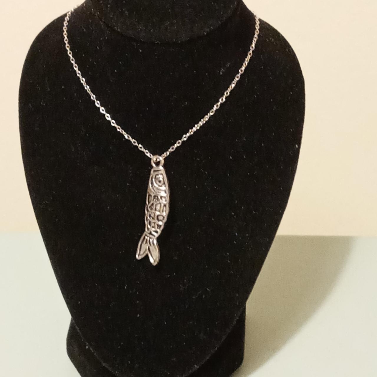 sterling silver fish pendant and chain 16" stunning... - Depop