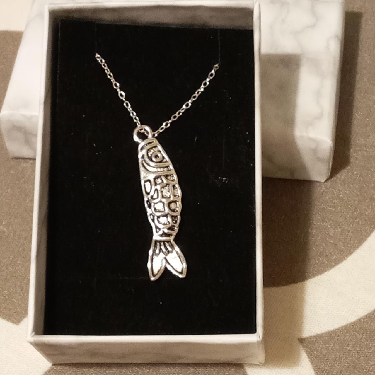 sterling silver fish pendant and chain 16" stunning... - Depop