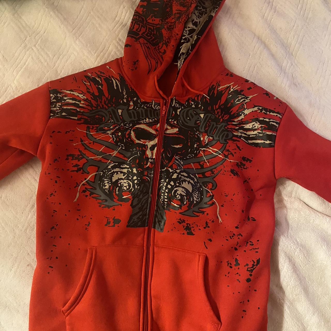 red skeleton zip up jacket only been worn once or... - Depop
