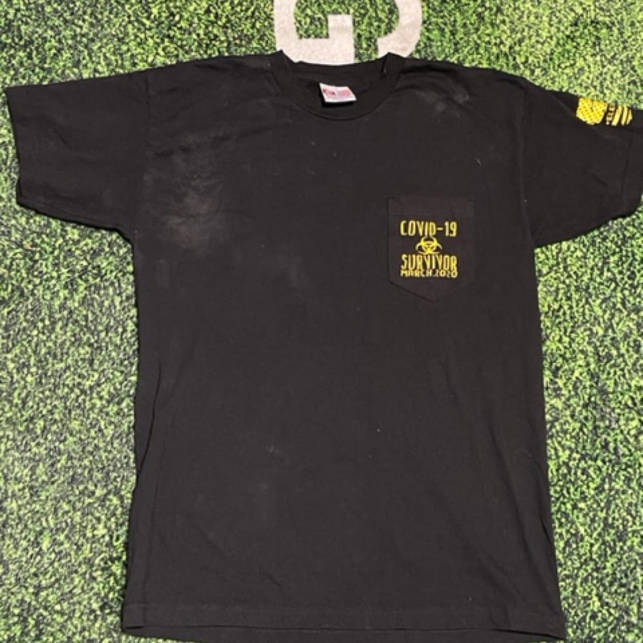 A black and yellow graphic tee with Covid 19... - Depop