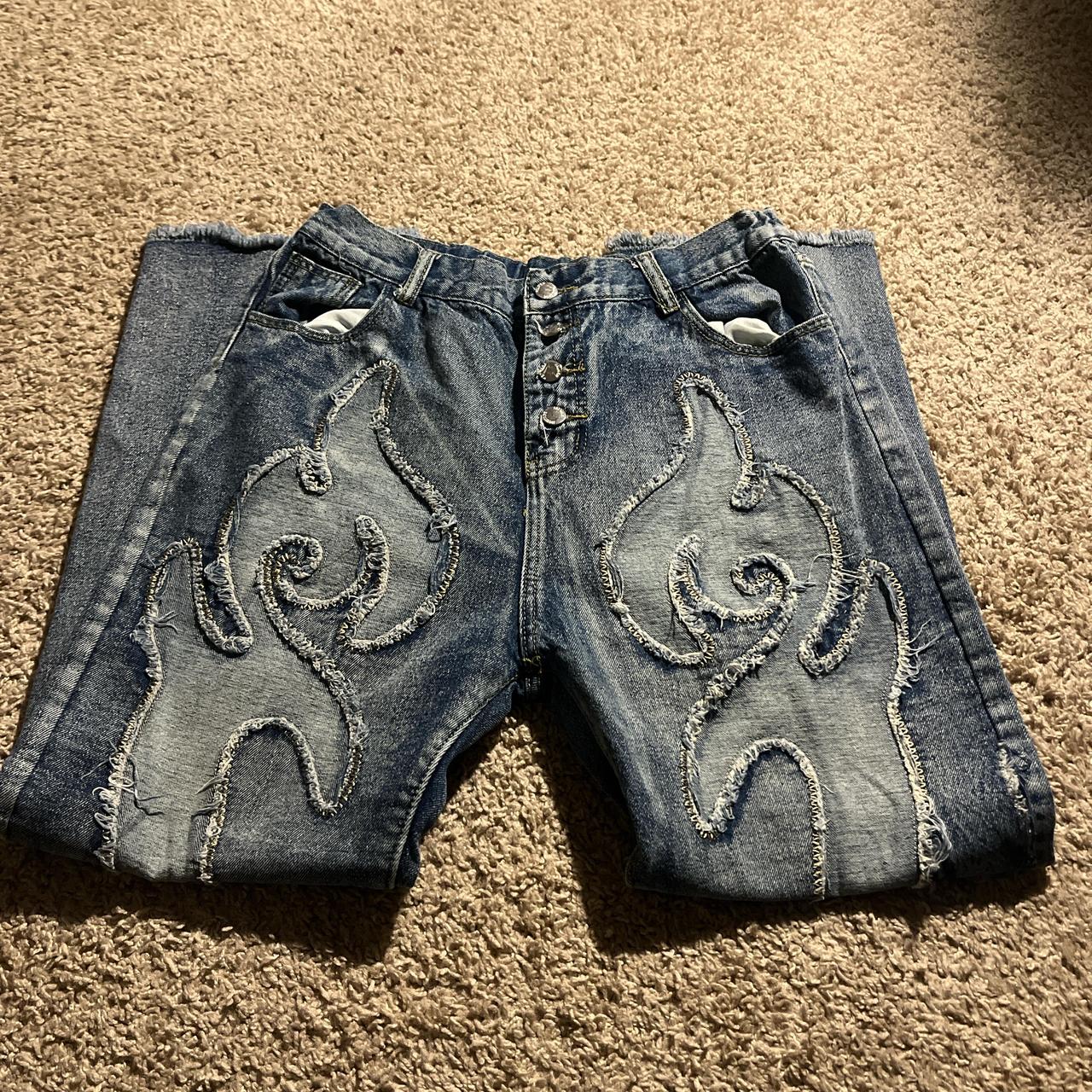 Distressed flame jeans with a unique fire design, 4... - Depop