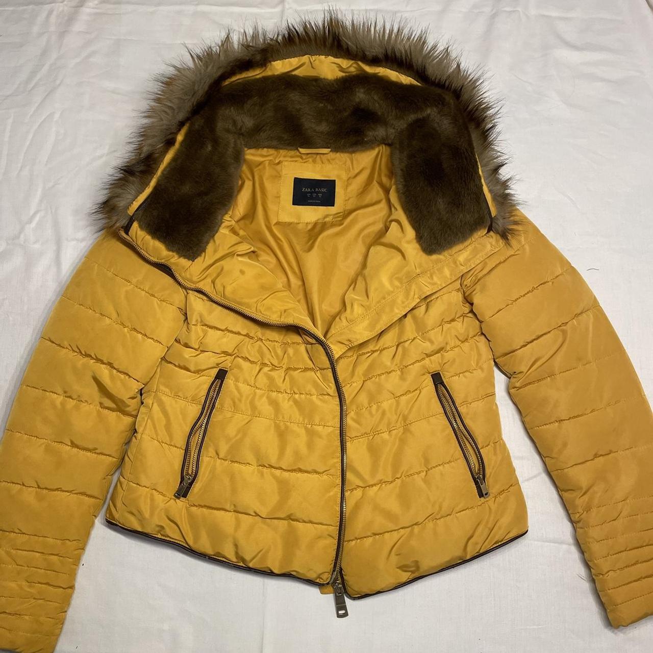 Zara puffer jacket in yellow, removable fur trim and... - Depop