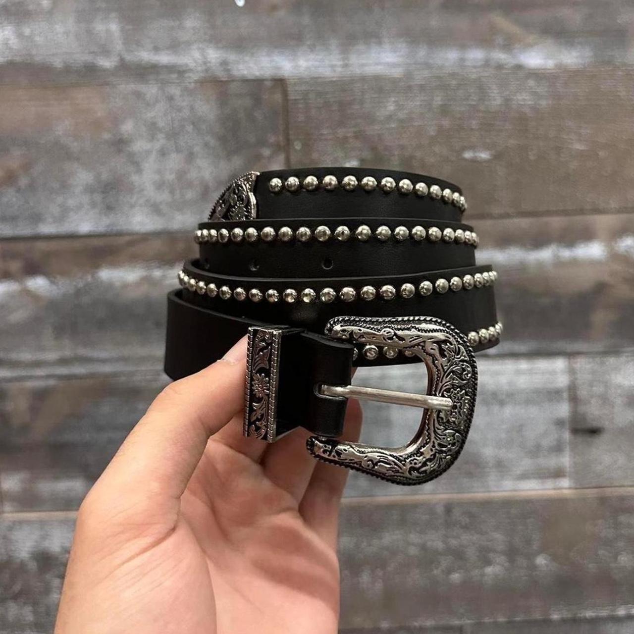 Black studded western belt with silver accents... | Depop