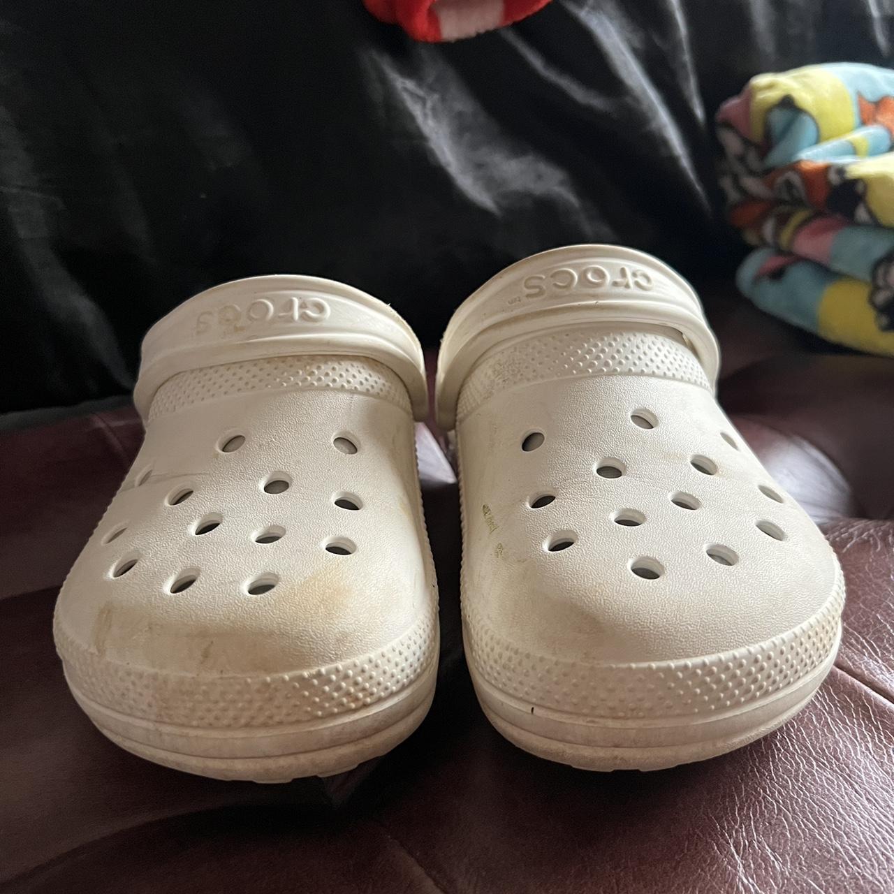 white fur crocs heavily worn some scuffs and stains... - Depop