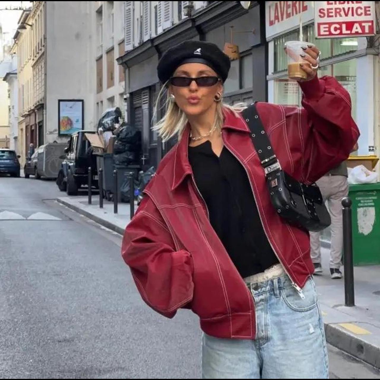 VINTAGE RED RACER JACKET 💋♥️ Faux leather jacket in a... - Depop